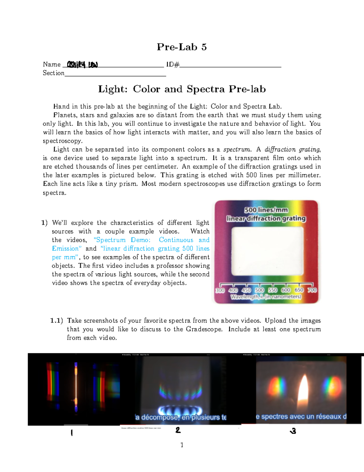 Astronomy 3 PreLab #5 - Pre-Lab 5 Name ID# Section Light: Color and ...