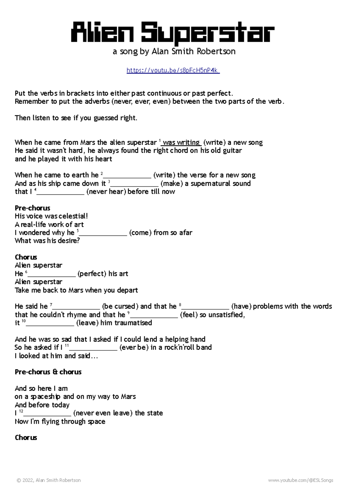Alien-superstar-worksheet - Alien Superstar a song by Alan Smith ...