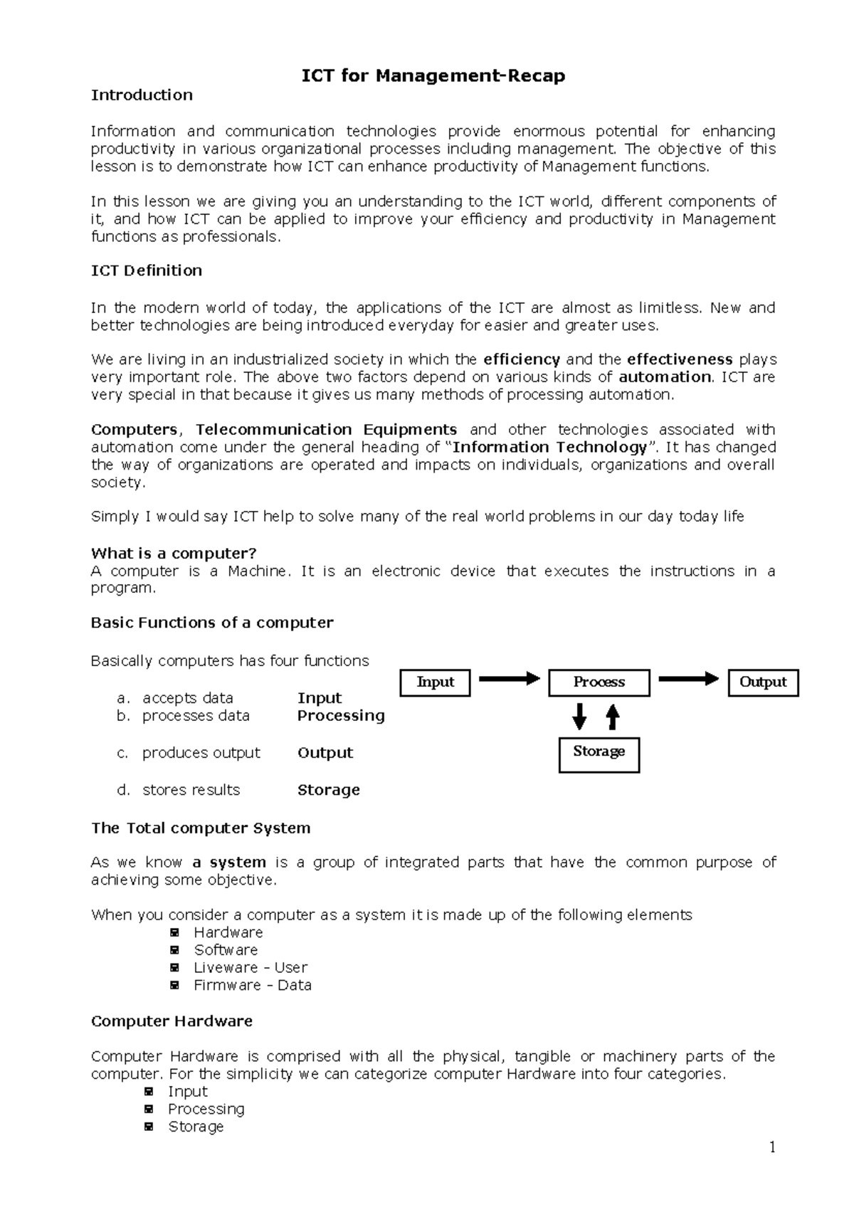 ICT Intro Recap - ICT for Management-Recap Introduction Information and ...