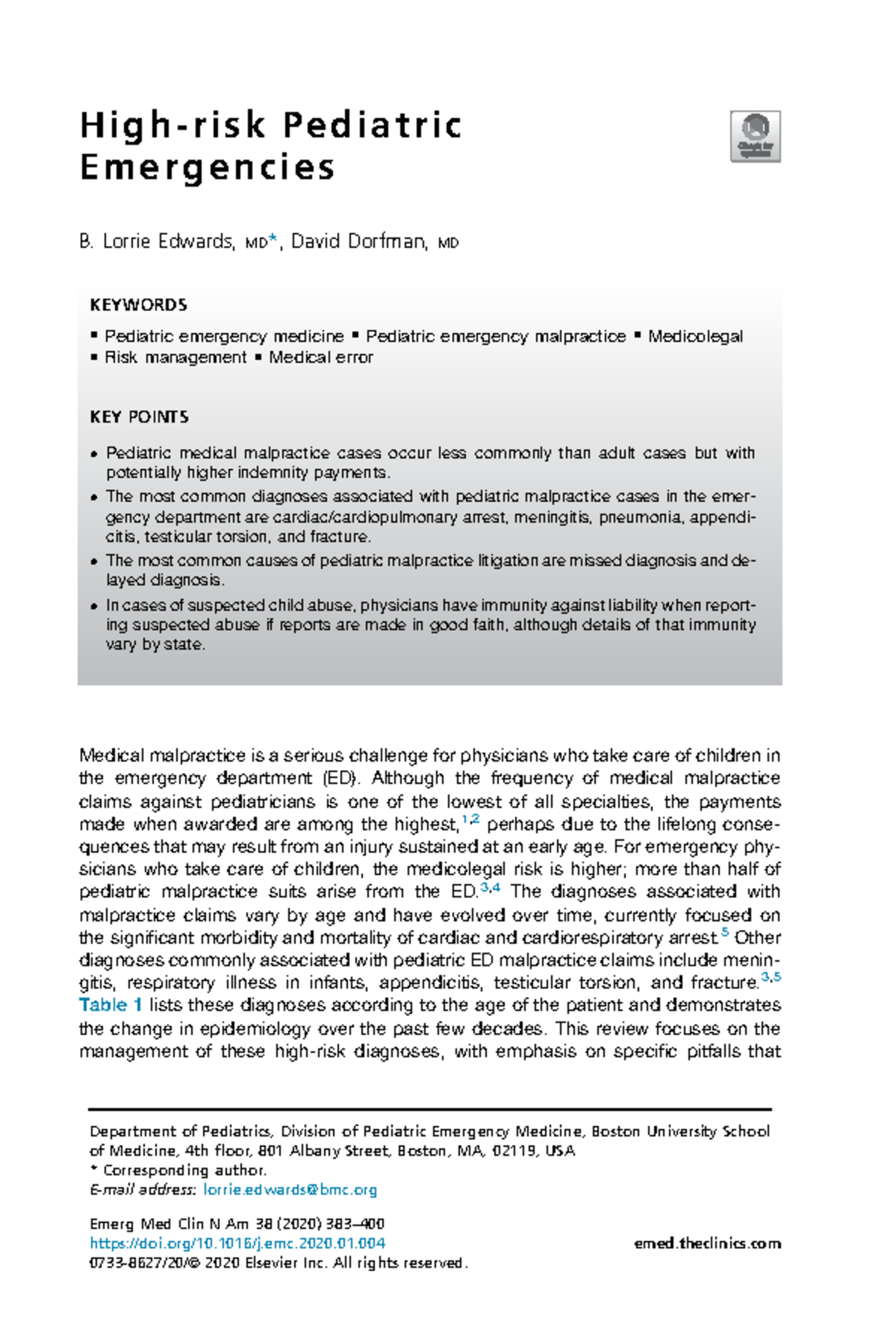 High-risk Pediatric Emergencies. Emergency Medicine Clinics of North ...