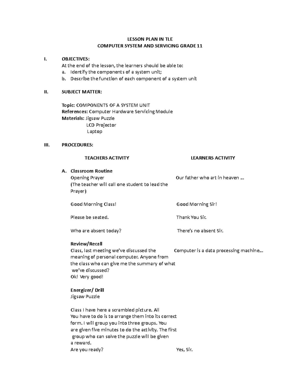 Lesson PLAN IN TLE Computer System AND - LESSON PLAN IN TLE COMPUTER SYSTEM AND SERVICING GRADE ...