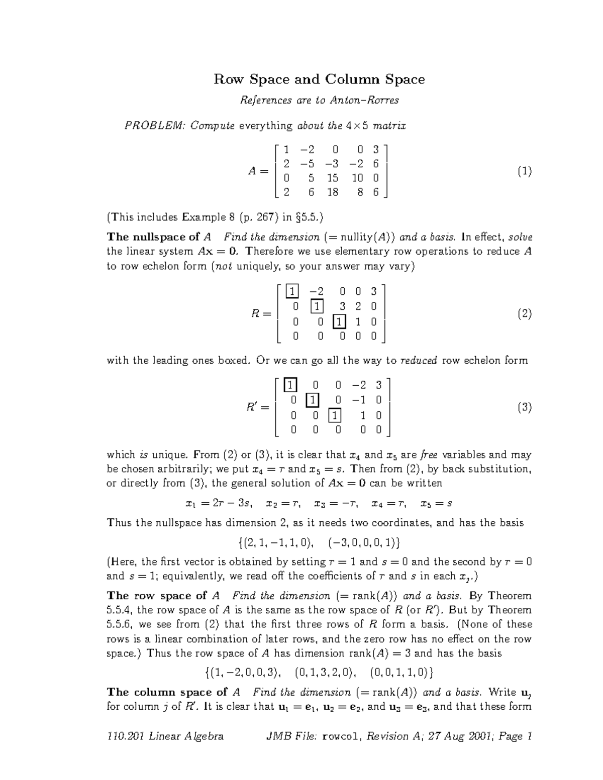 Rowcol - row space and column space - Row Space and Column Space References are to Anton–Rorres ...