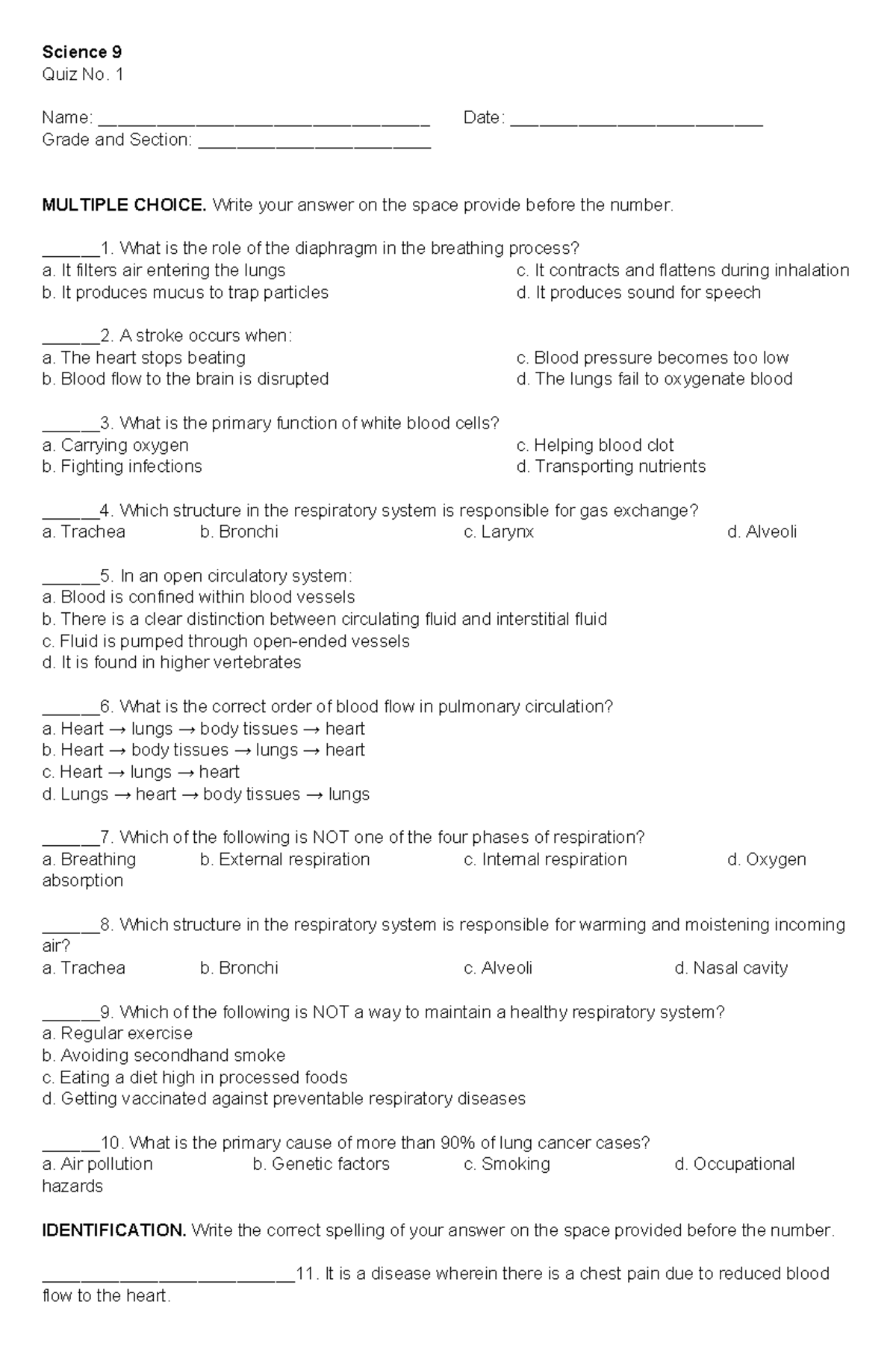 Science 9 - Examination - Science 9 Quiz No. 1 Name ...