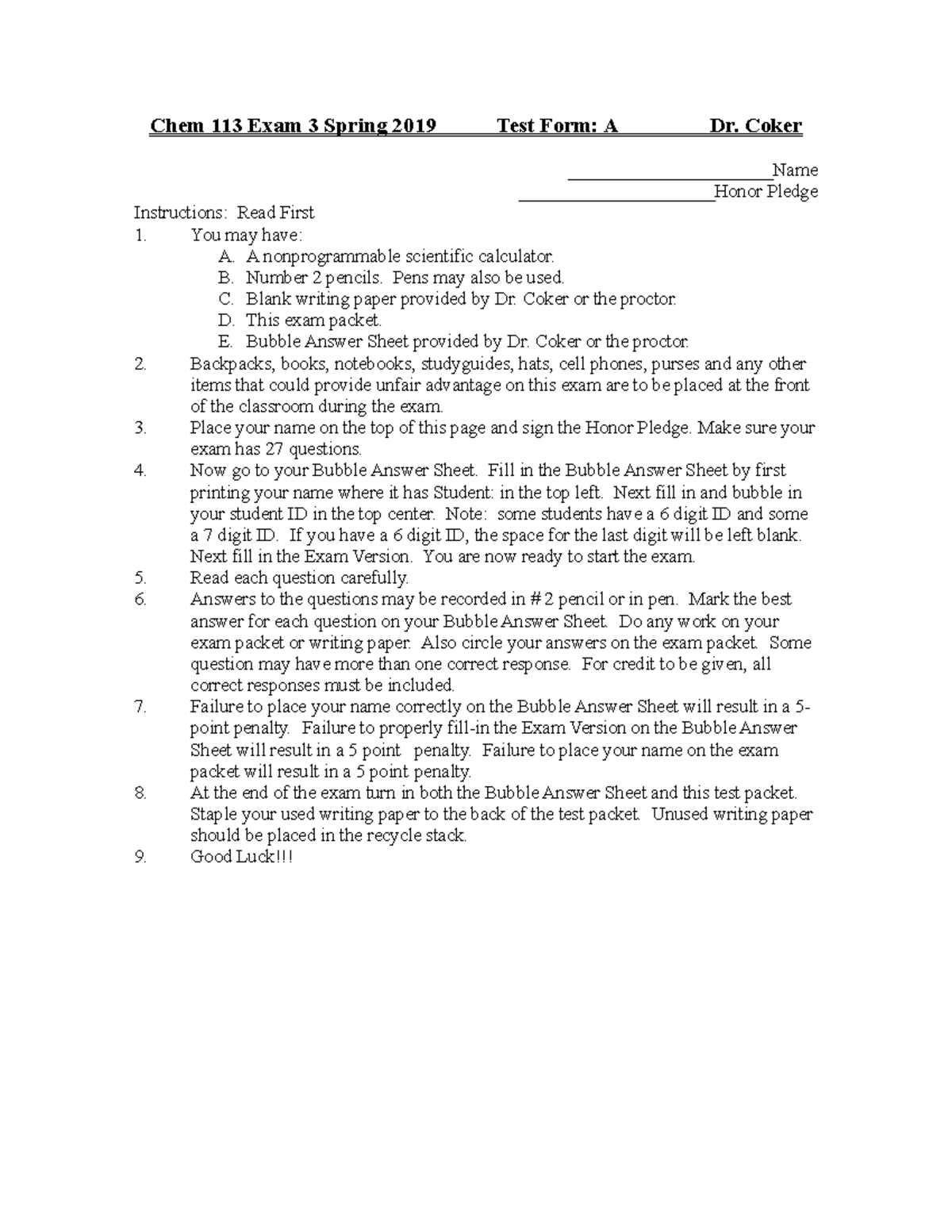 Exam 3 Spring 2019 Form A - Chem 113 Exam 3 Spring 2019 Test Form: A Dr ...