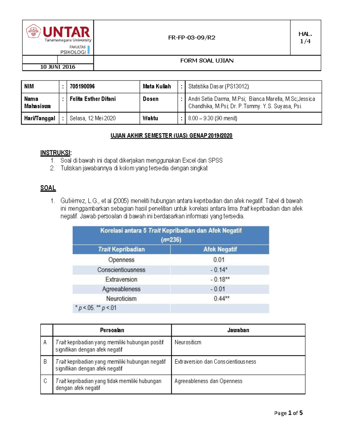 705190096-Felita Esther Difani - FR-FP-03-09/R 1/ FORM SOAL UJIAN 10 JUNI 2016 UJIAN AKHIR ...