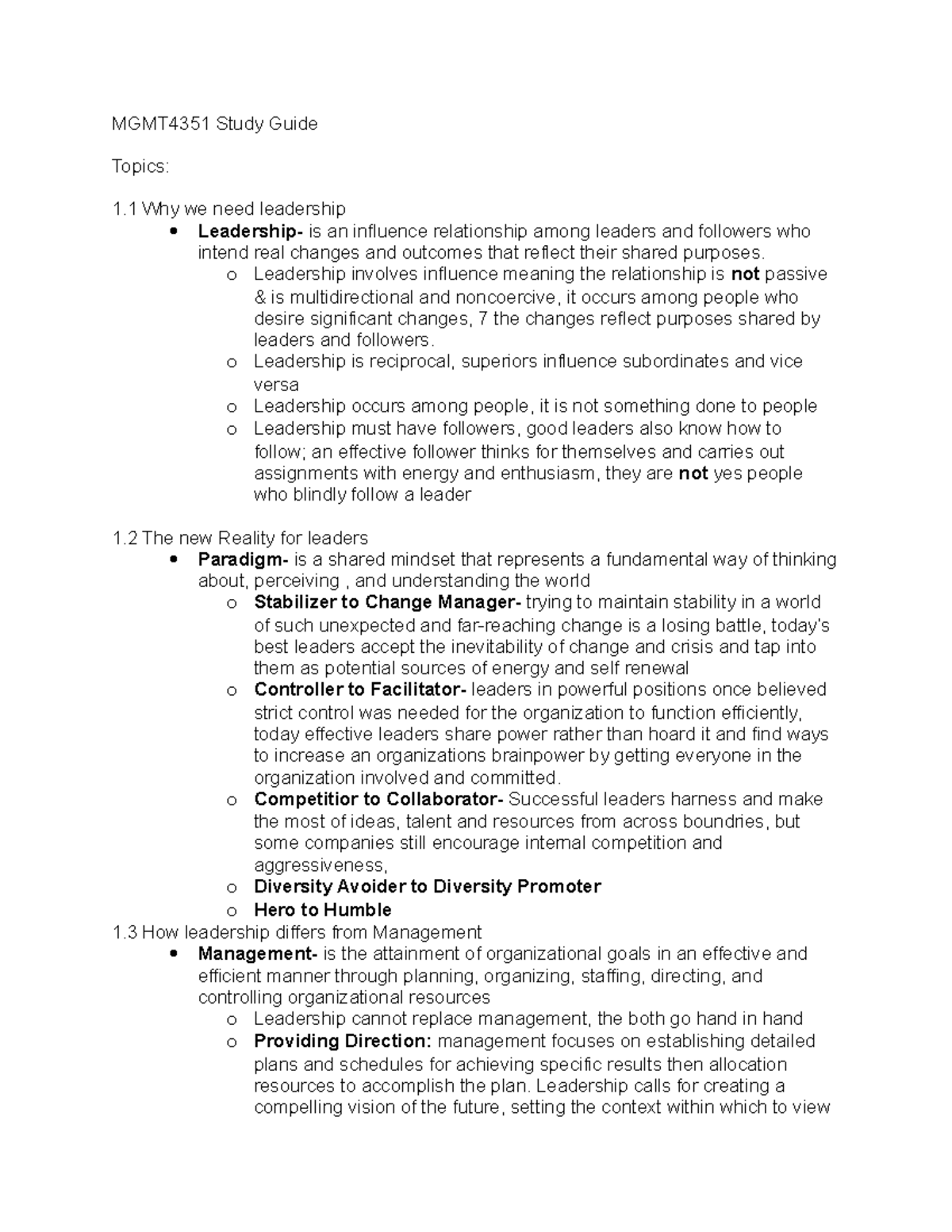 Leadership Study Guide - MGMT4351 Study Guide Topics: 1 Why we need ...