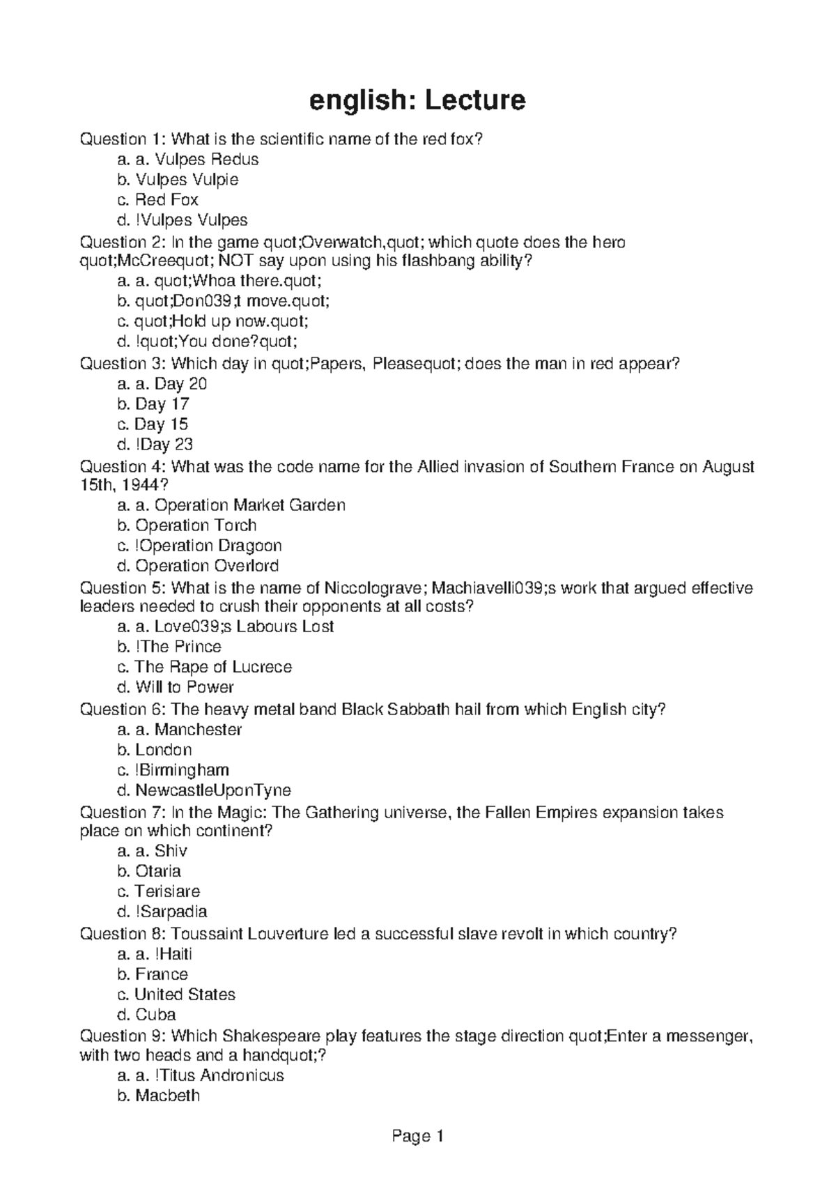English Demonstration 5 - english: Lecture Question 1: What is the ...