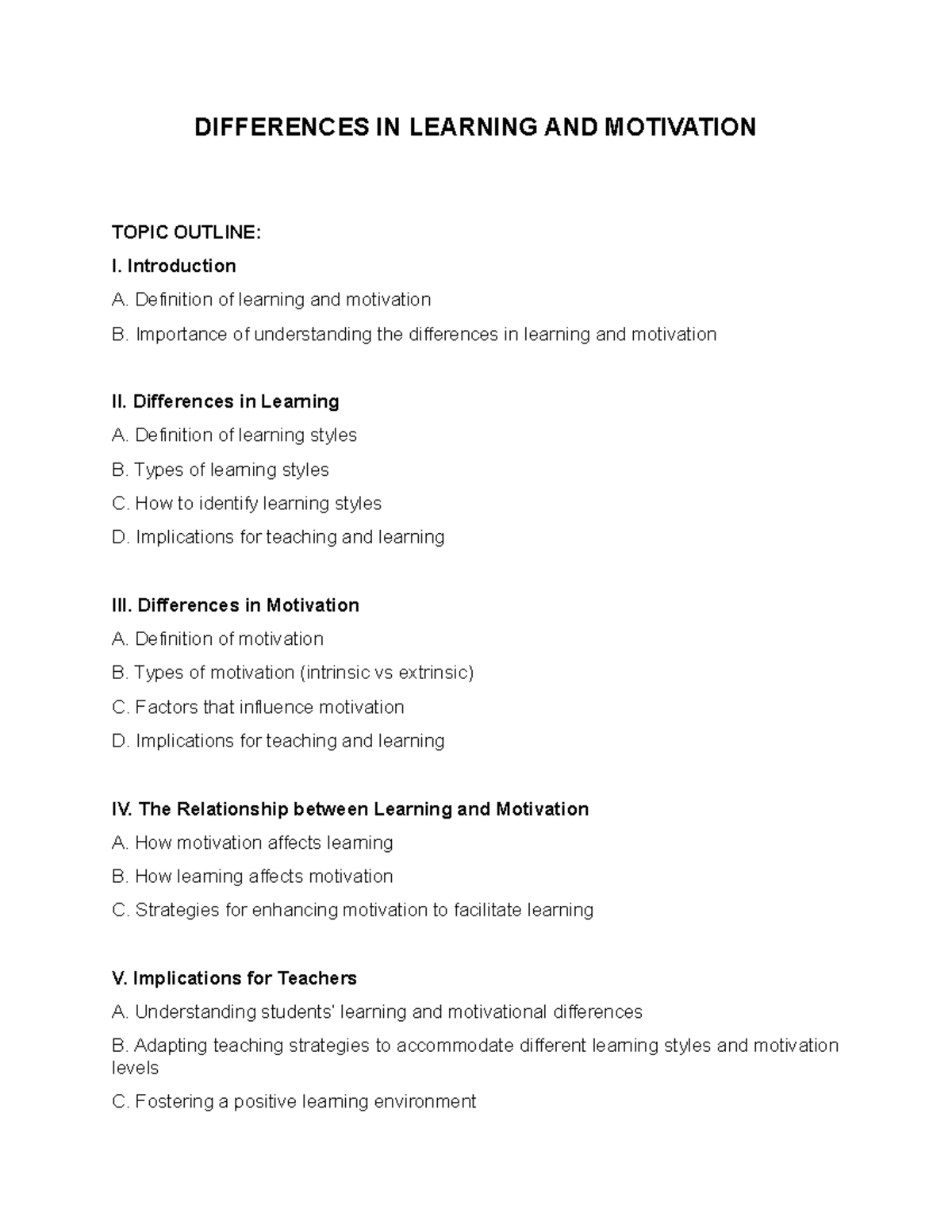 Differences IN Learning AND Motivation - DIFFERENCES IN LEARNING AND ...