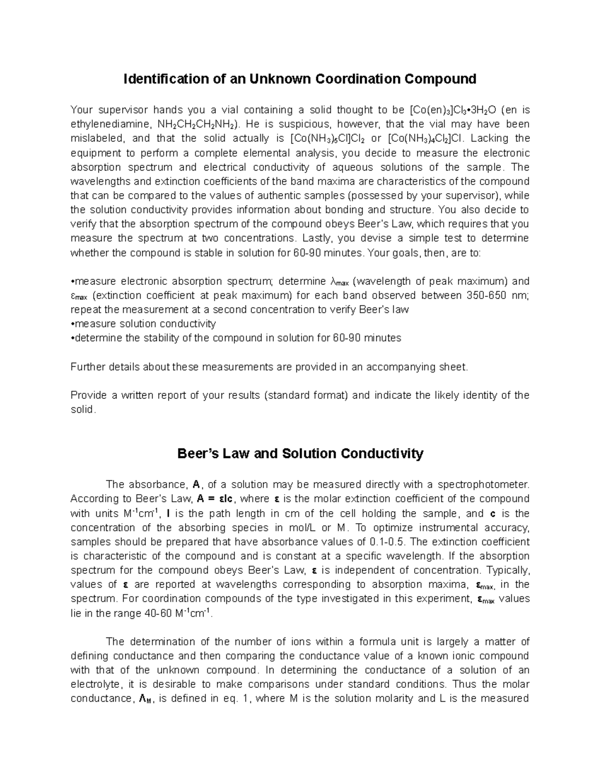 Coordination Compound Lab - Identification of an Unknown Coordination ...