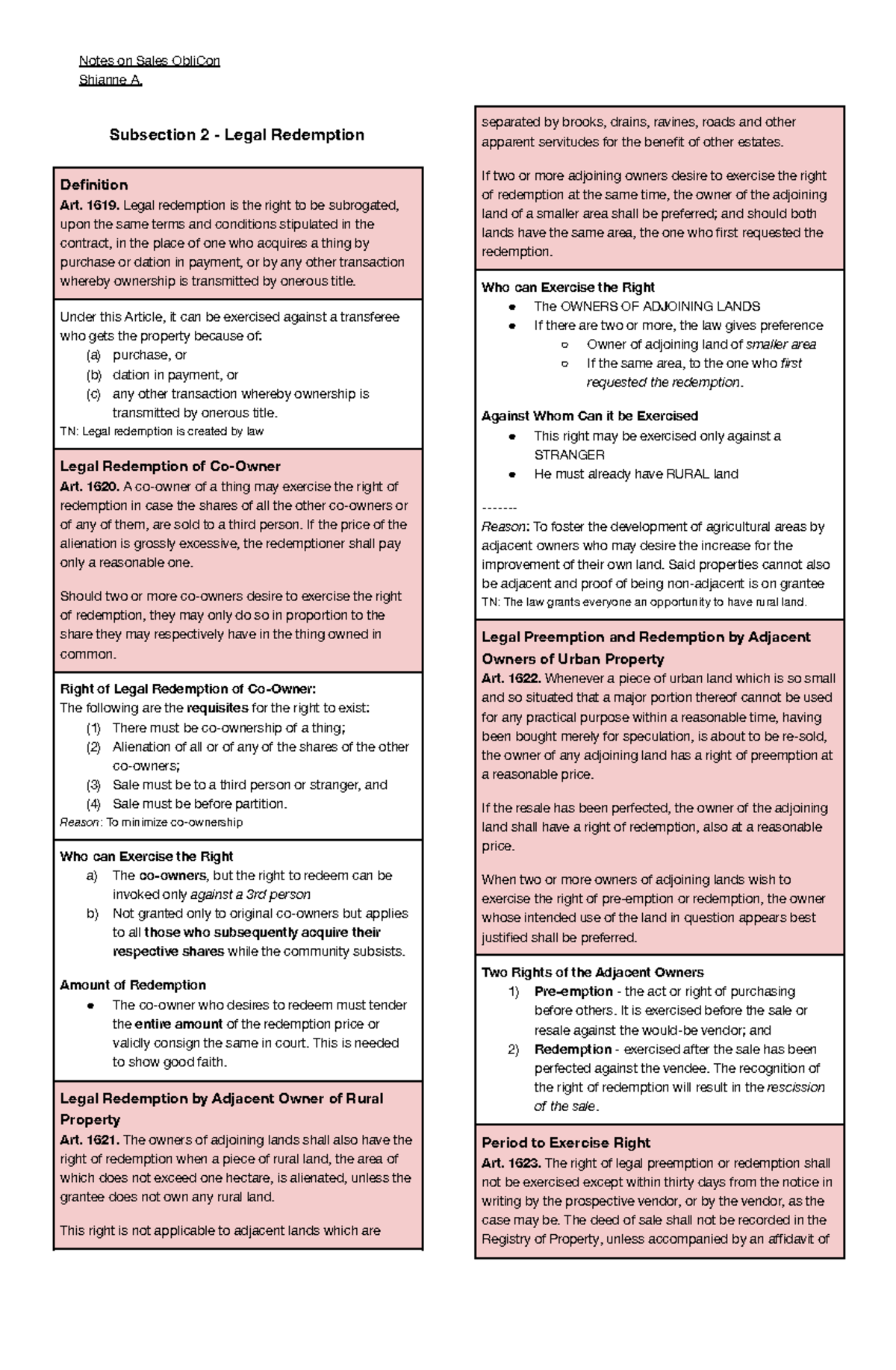Sales IV - Notes on Sales ObliCon Shianne A. Subsection 2 - Legal ...