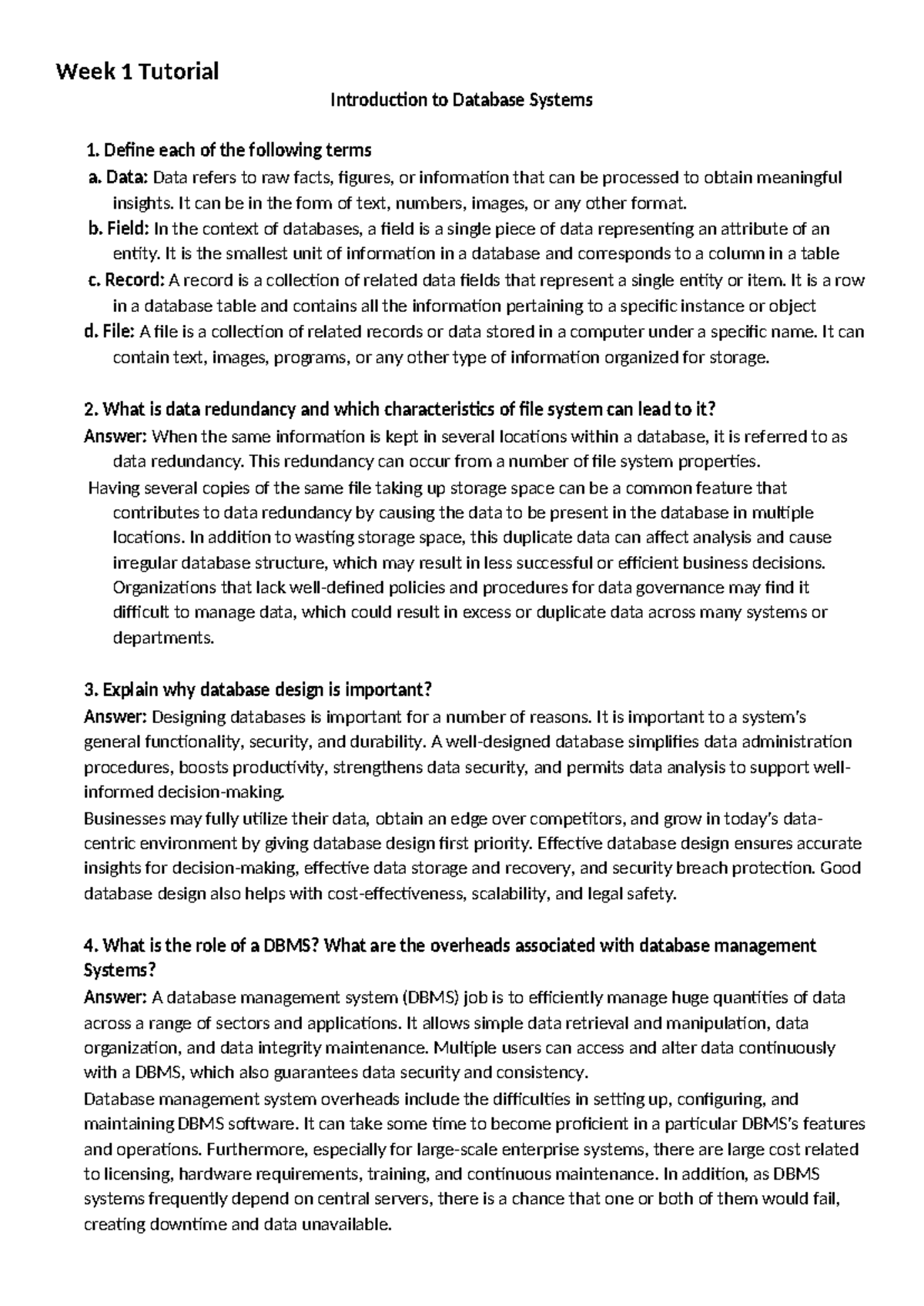 Tutorial Week - Week 1 Tutorial Introduction to Database Systems Define ...