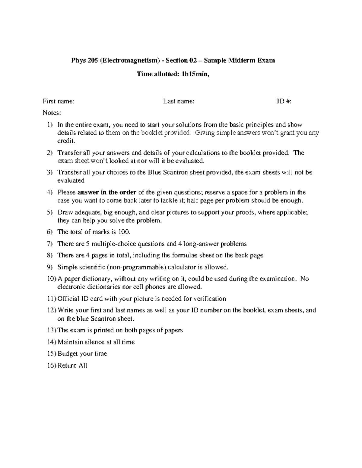 PHYS205 - Sample Midterm Exam - Solutions - Phys 205 (Electromagnetism) - Section 02 – Sample ...