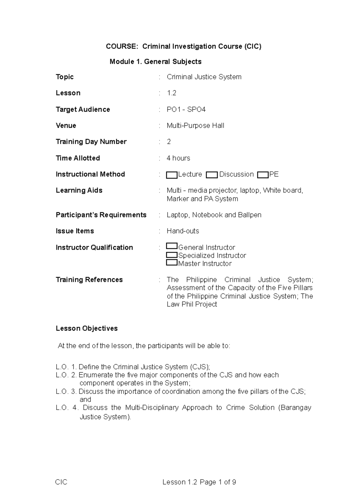 1.2 Criminal Justice System-LP - COURSE: Criminal Investigation Course ...