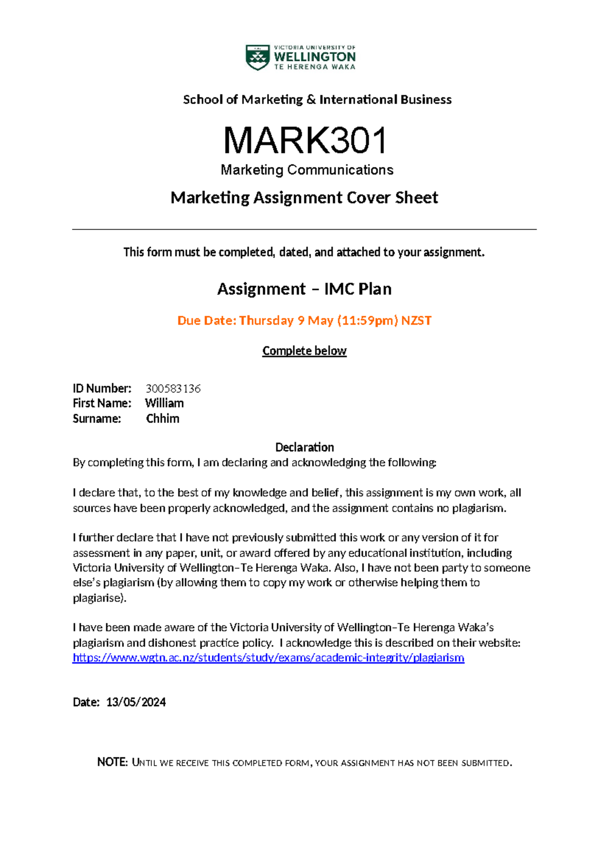 MARK301 Assignment Cover sheet-1 - MARK Marketing Communications ...
