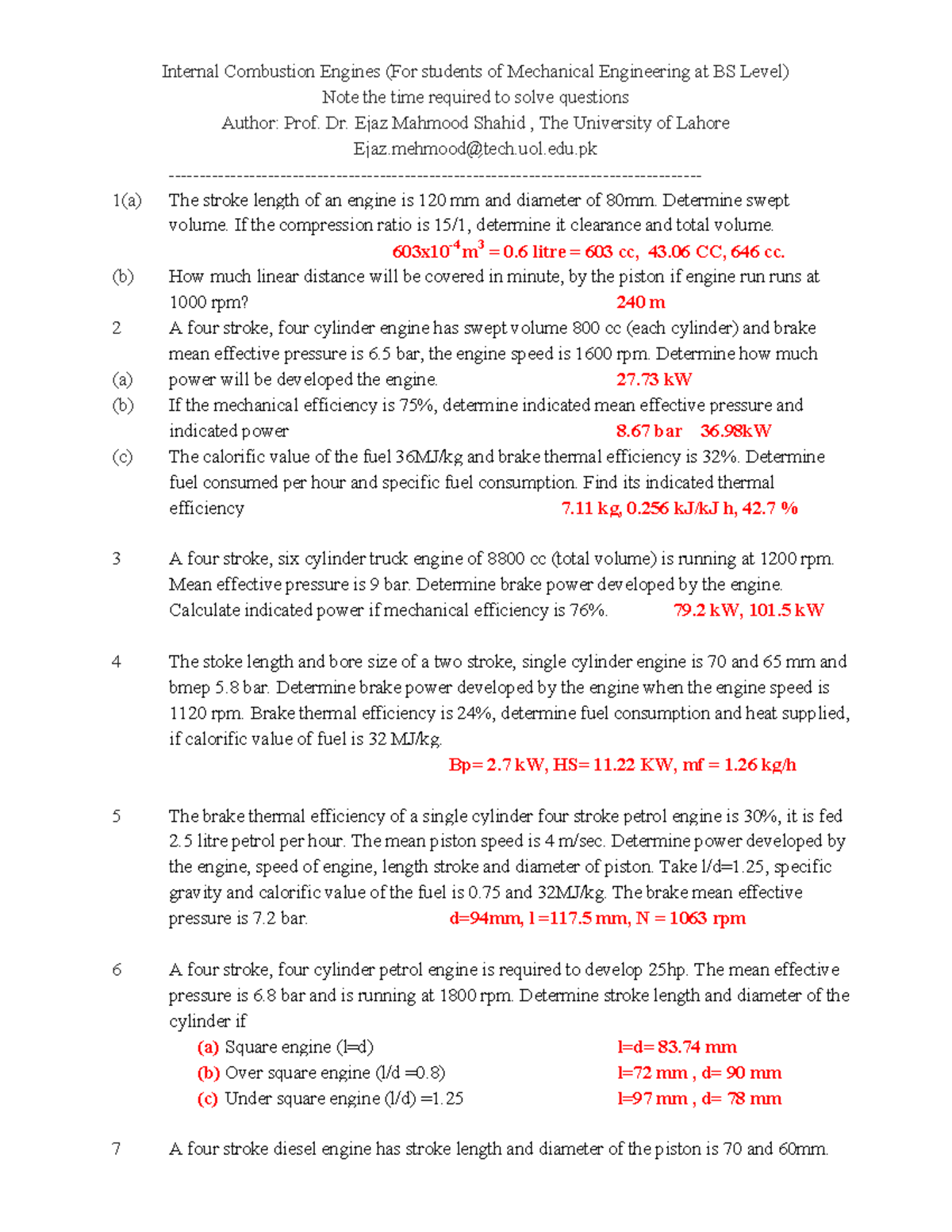 Exercise IC Engine Part 1 - Internal Combustion Engines (For students ...