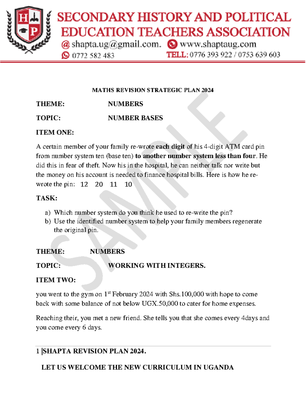 Shapta MATH Sample Items 2024 - 1 |SHAPTA REVISION PLAN 2024. LET US ...