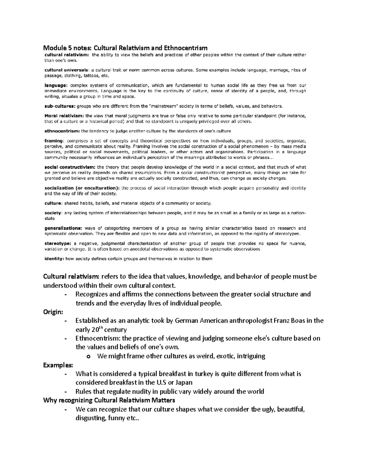 Module 5 notes - Cultural Relativism and Ethnocentrism - Module 5 notes ...