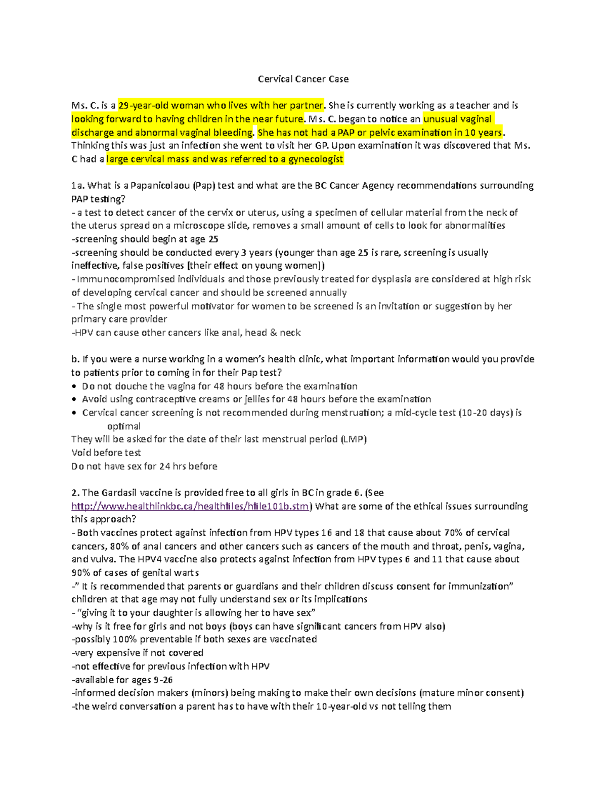 Cervical Cancer Case - Class & reading notes - Cervical Cancer Case Ms ...