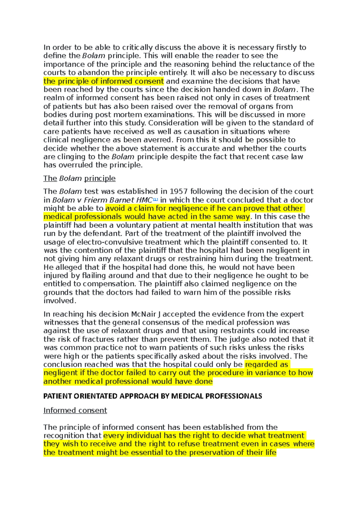 Bolam Test - In order to be able to critically discuss the above it is ...