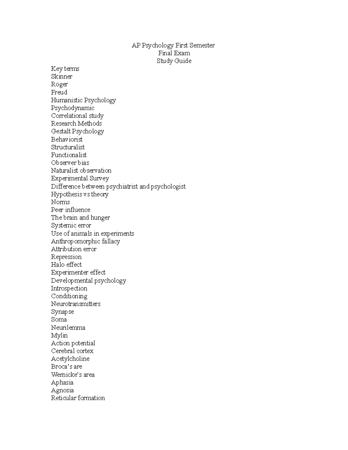 2020APPsychology First Semester Final Study Guide - AP Psychology First ...