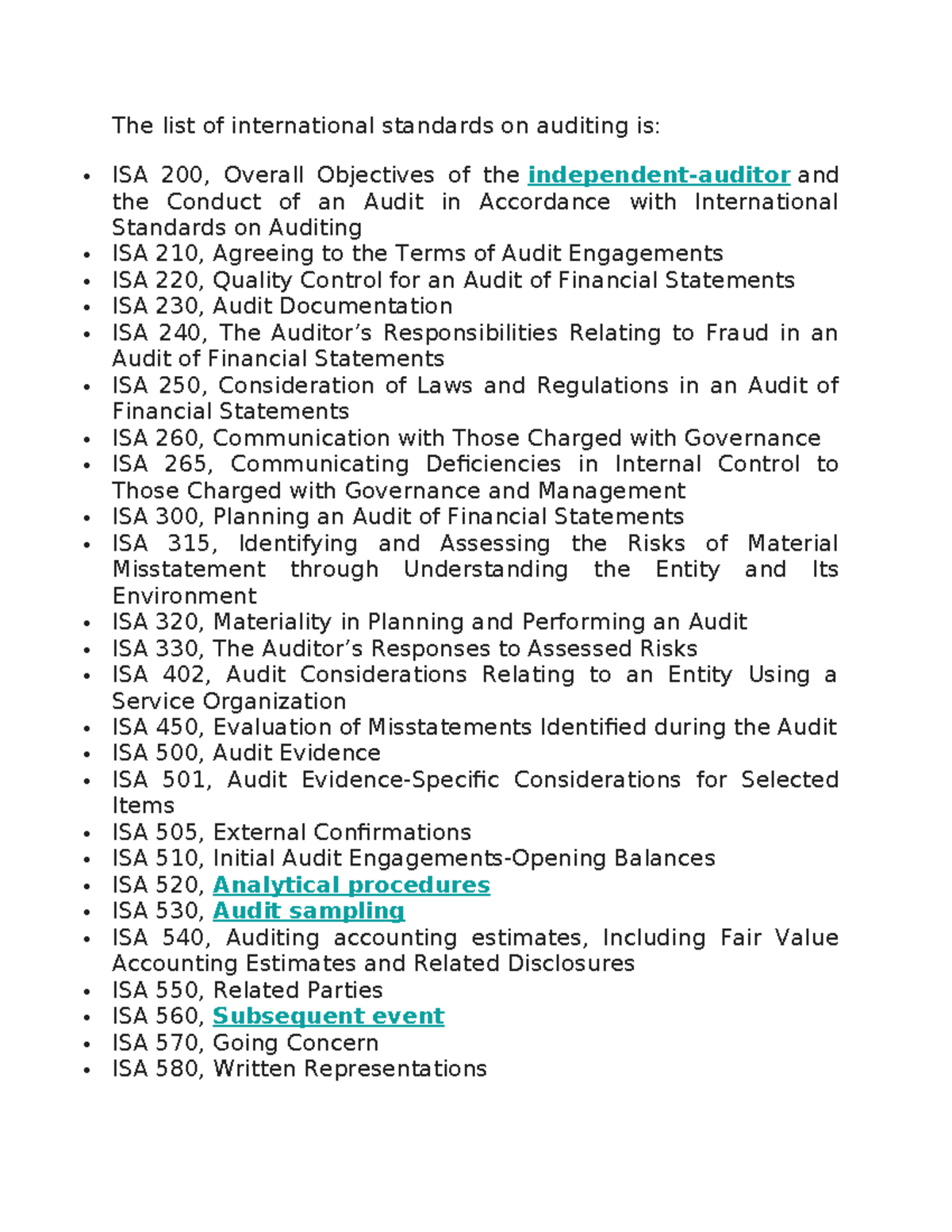 AAA International Standard on Auditing ISAs - The list of international ...
