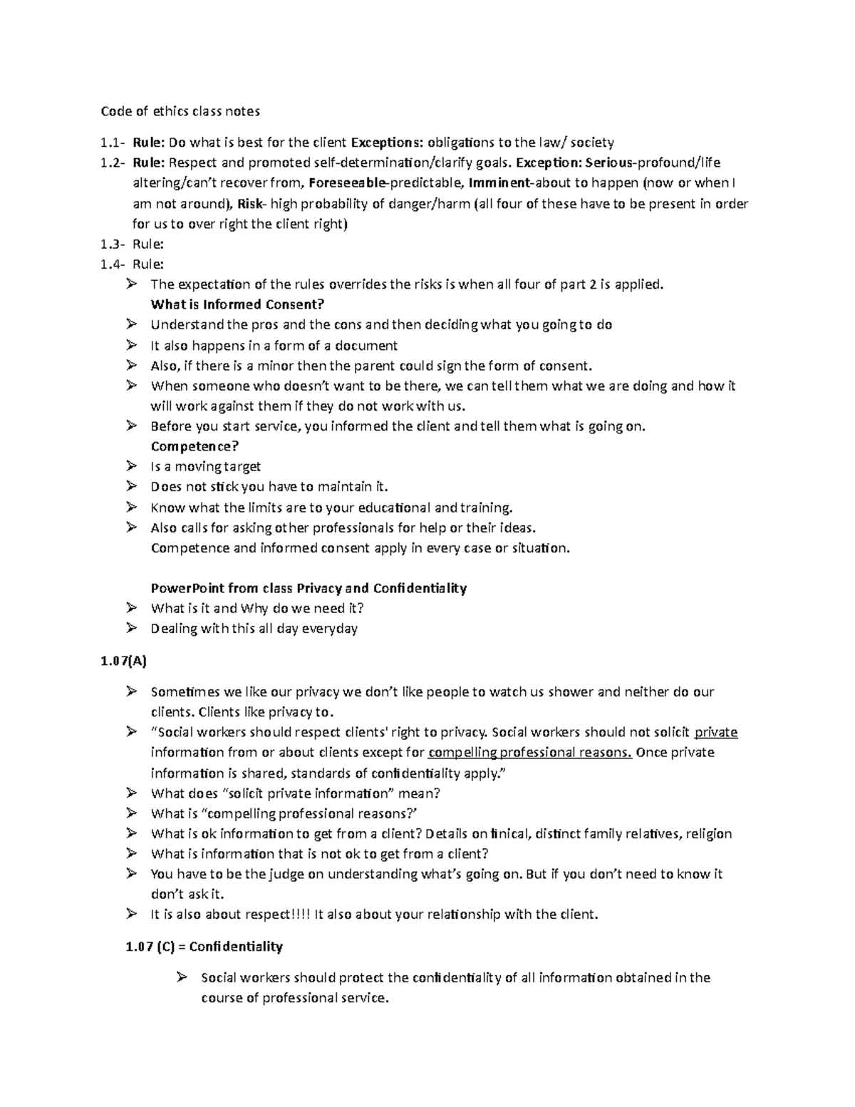 Code of ethics class notes rules and expection and duty to warn - Code ...