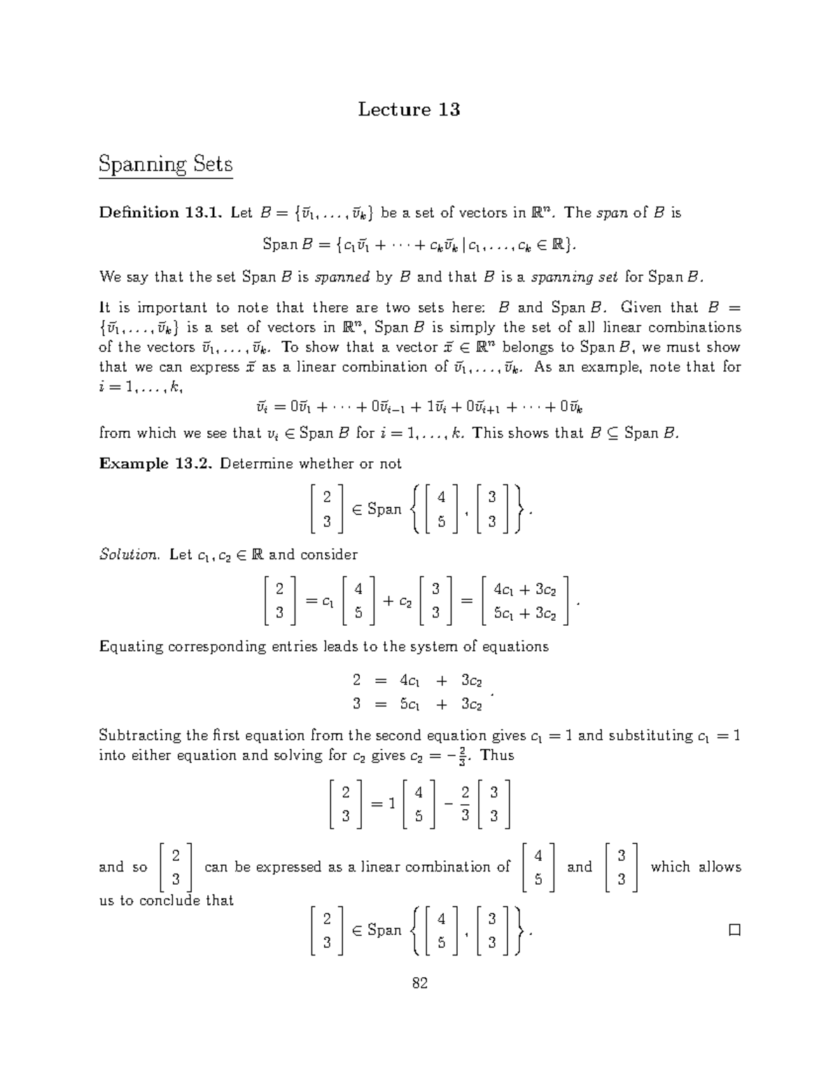 MATH 115 Lectures on Spanning sets and Subsets - Lecture 13 Spanning ...