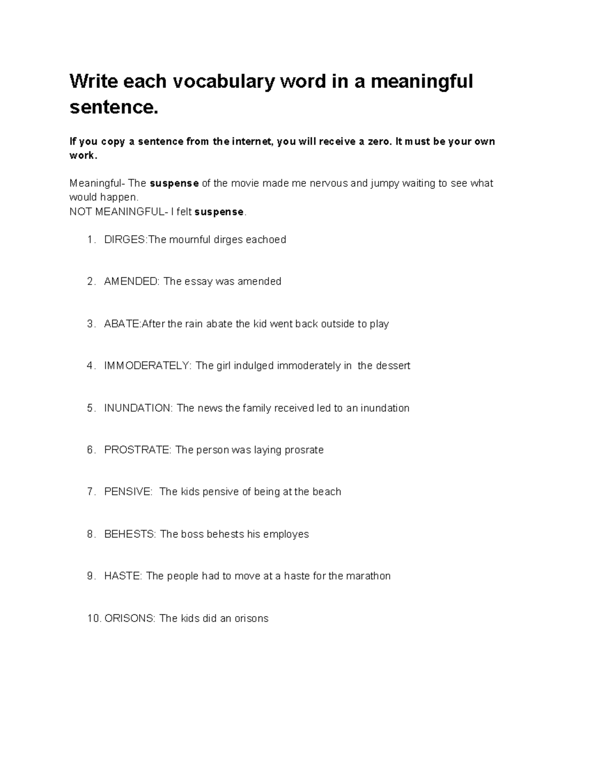 - Vocab Sentence Work 4-8 - Write each vocabulary word in a meaningful ...