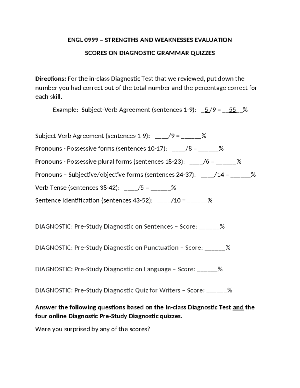 ENGL 0999 - Strengths and Weaknesses Grammar Evaluation of In-Class and ...
