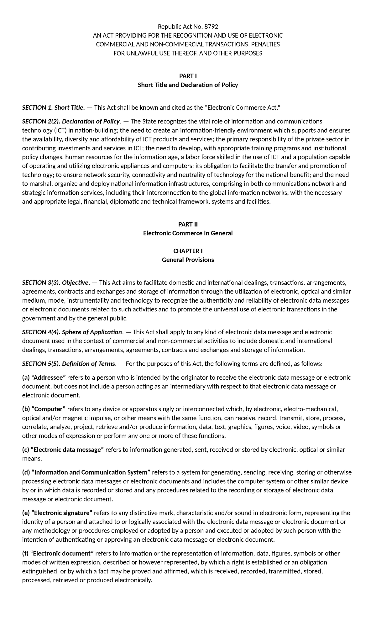 E-Commerce Act - E-Commerce Act - Republic Act No. 8792 AN ACT ...