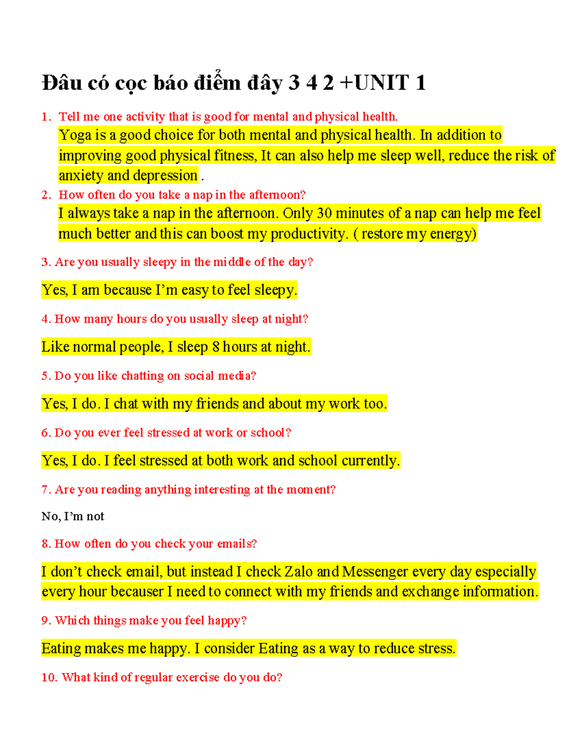 Speaking AV2 - av2 - Đâu có cọc báo điểm đây 3 4 2 +UNIT 1 1. Tell me one activity that is good ...
