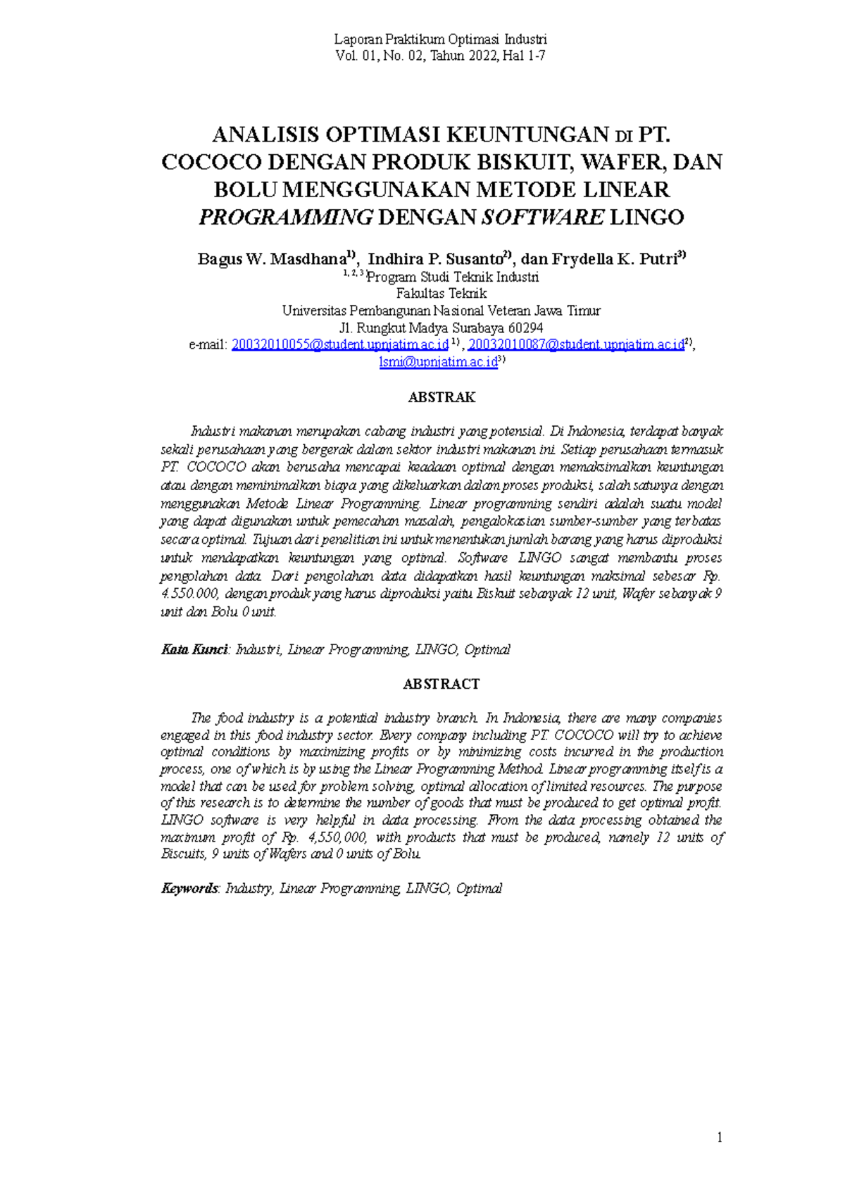 Modul 1 Linear Programming - Vol. 01, No. 02, Tahun 2022, Hal 1- ANALISIS OPTIMASI KEUNTUNGAN DI ...