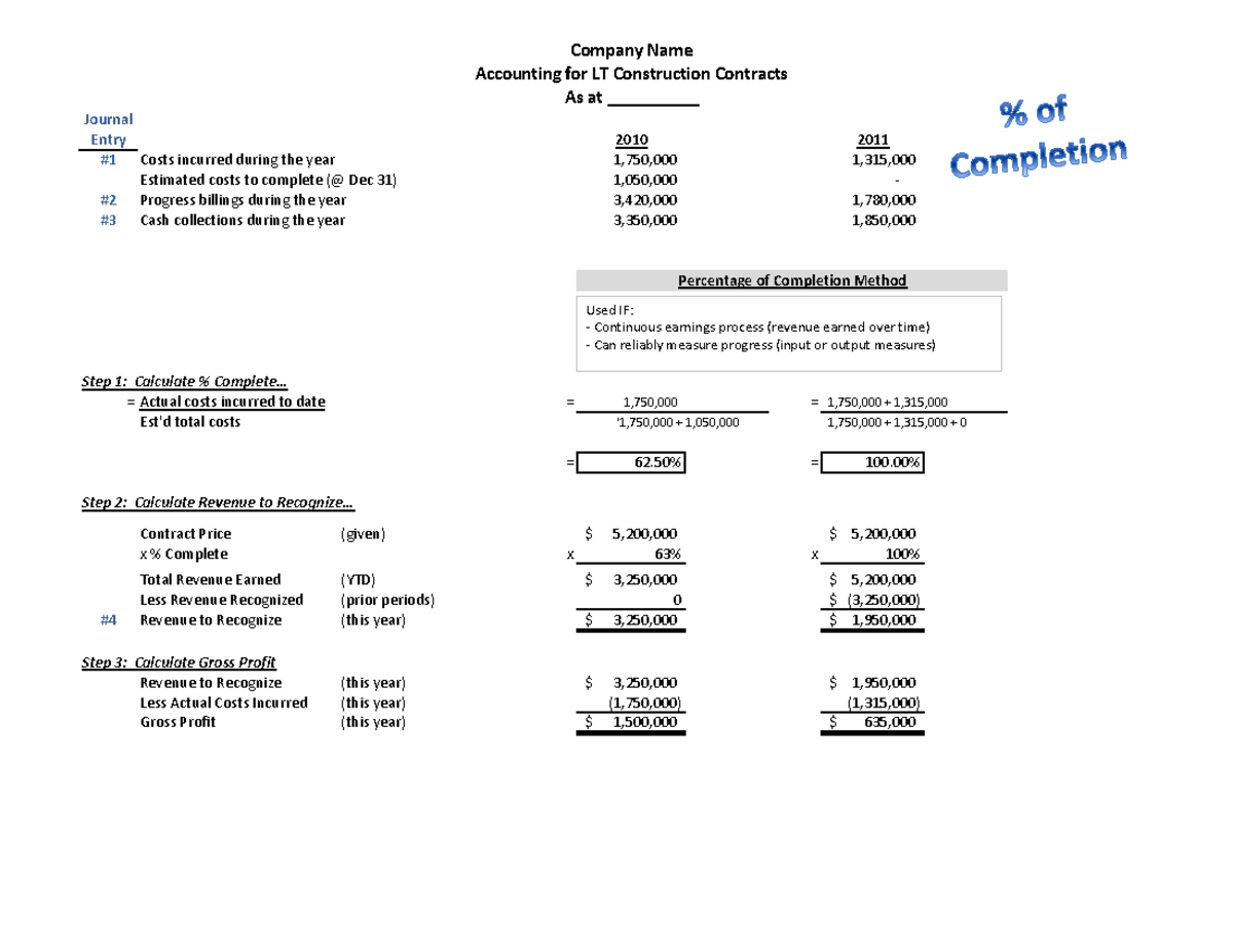 Study Sheet - Ch 06 - Percentage of Completion - Company Name ...