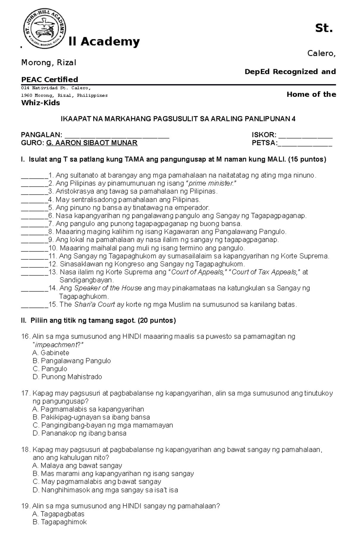AP 4 - AP 4 - St. John-Hill Academy Calero, Morong, Rizal DepEd ...