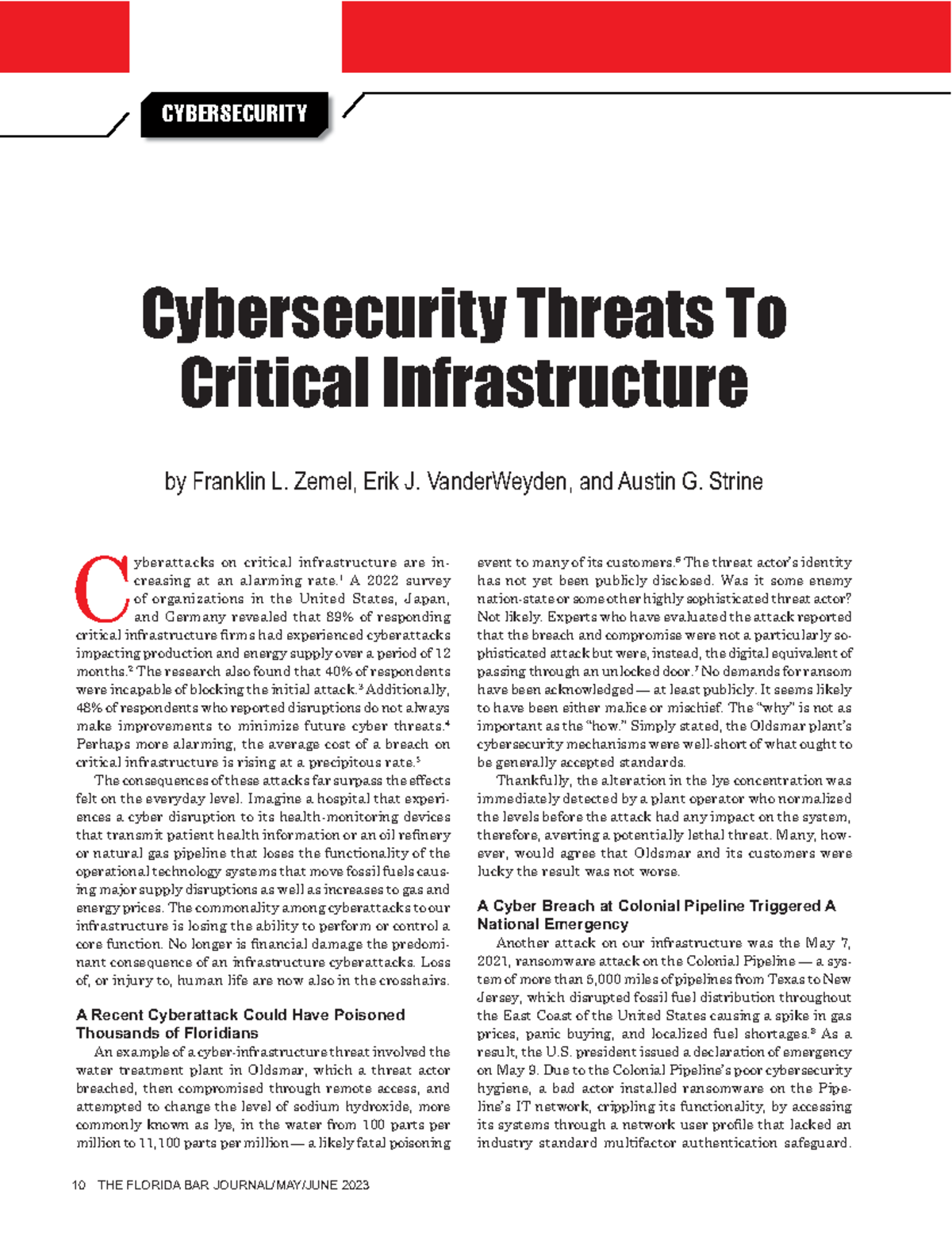 Cybersecurity Threats To Criti - 10 THE FLORIDA BAR JOURNAL/MAY/JUNE ...
