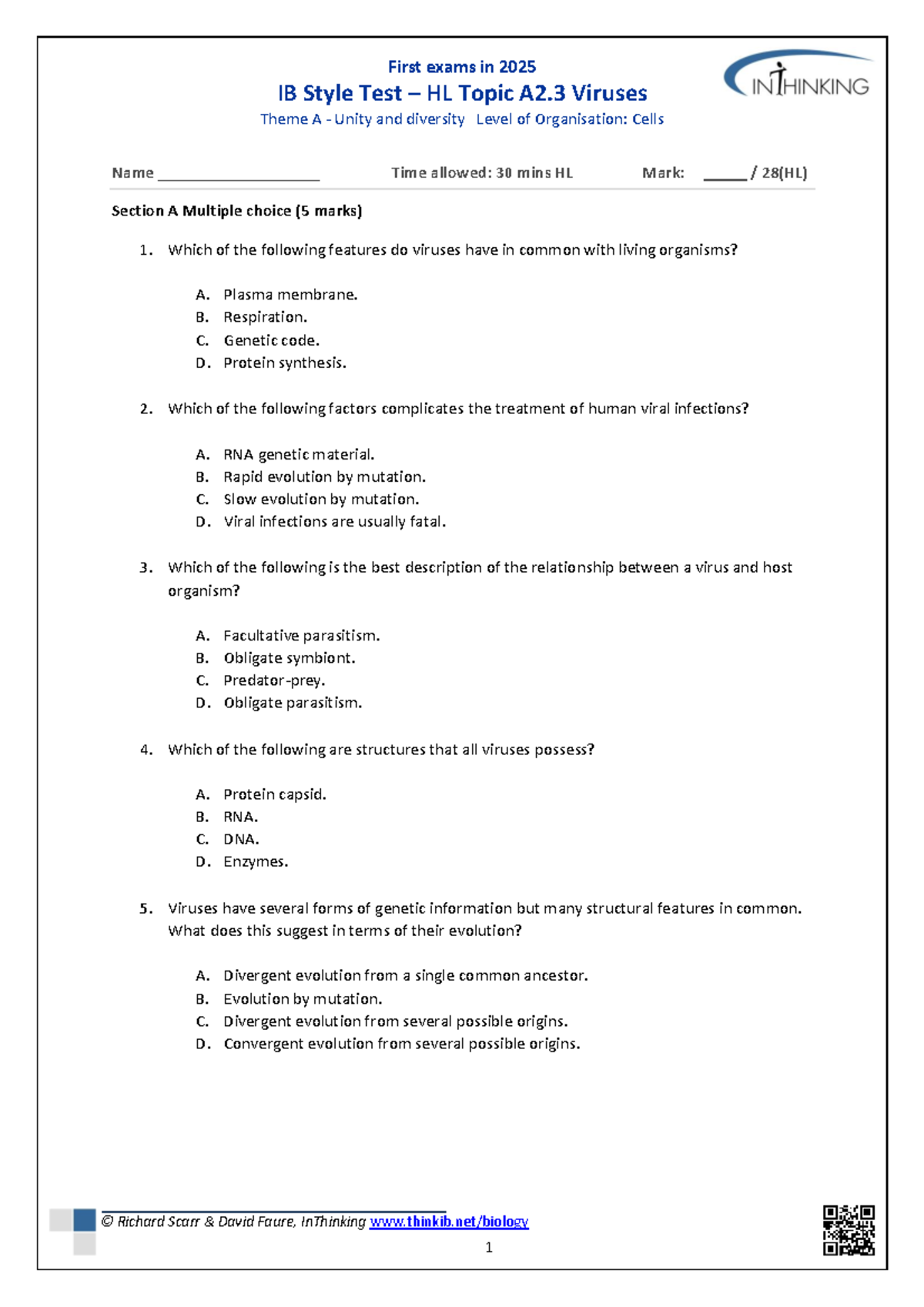 A2 3 2025 topic test - IB Style Test – HL Topic A2. 3 Viruses Theme A ...