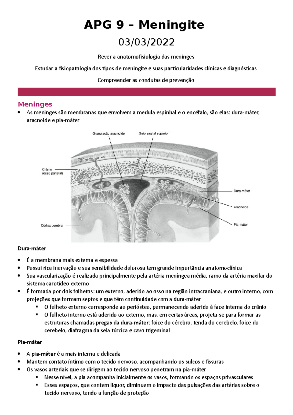 APG 9 - Meningite - Resumo da aula - APG 9 – Meningite 03/03/ Rever a ...