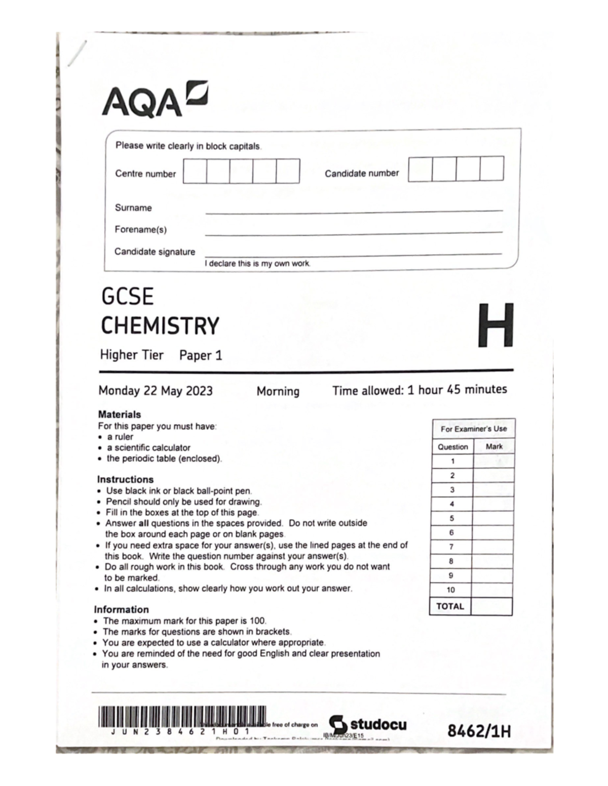 Chem Paper 1 2023 - Studocu