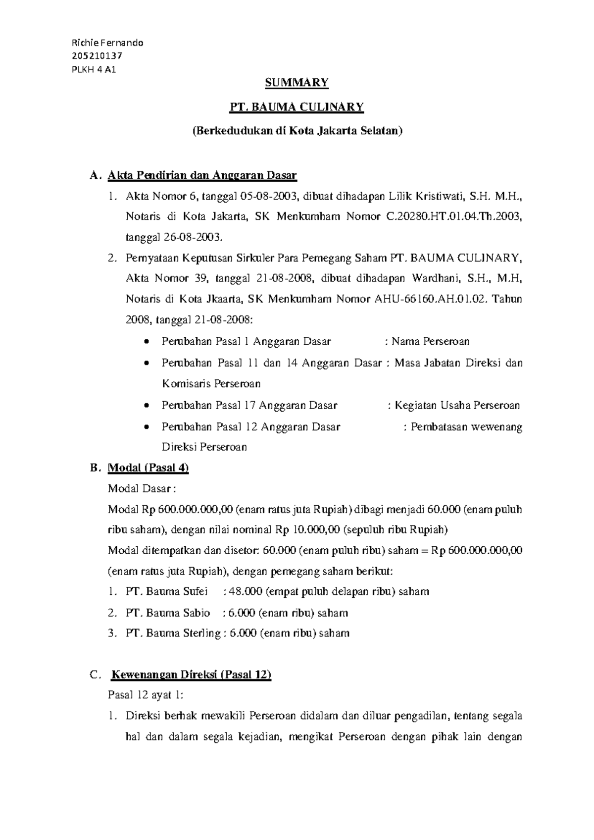 PLKH 4 Tugas 2 Legal Opinion Contoh SUMMARY PT. BAUMA CULINARY - 205210137 PLKH 4 A SUMMARY PT ...