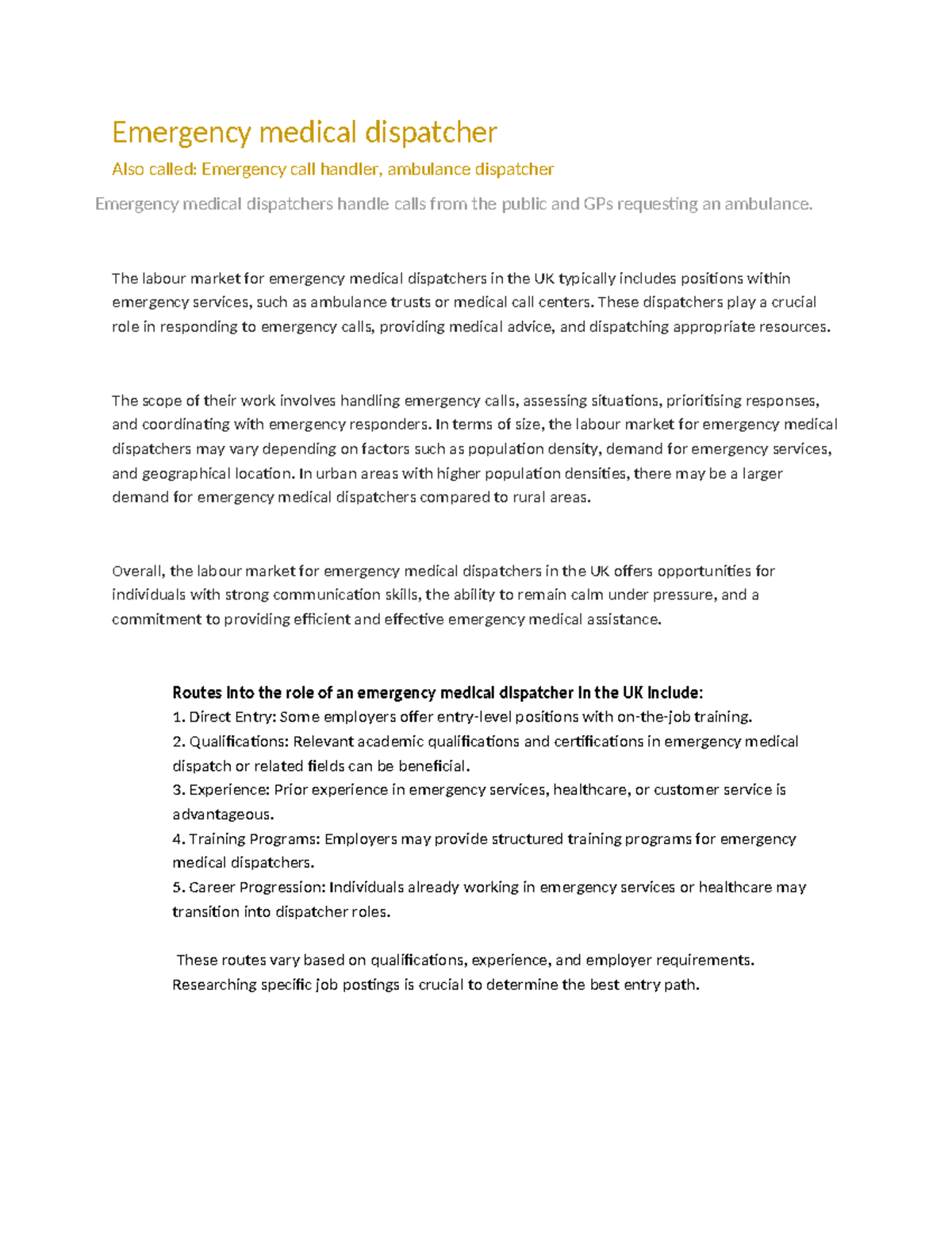 Emergency medical dispatcher - The labour market for emergency medical ...