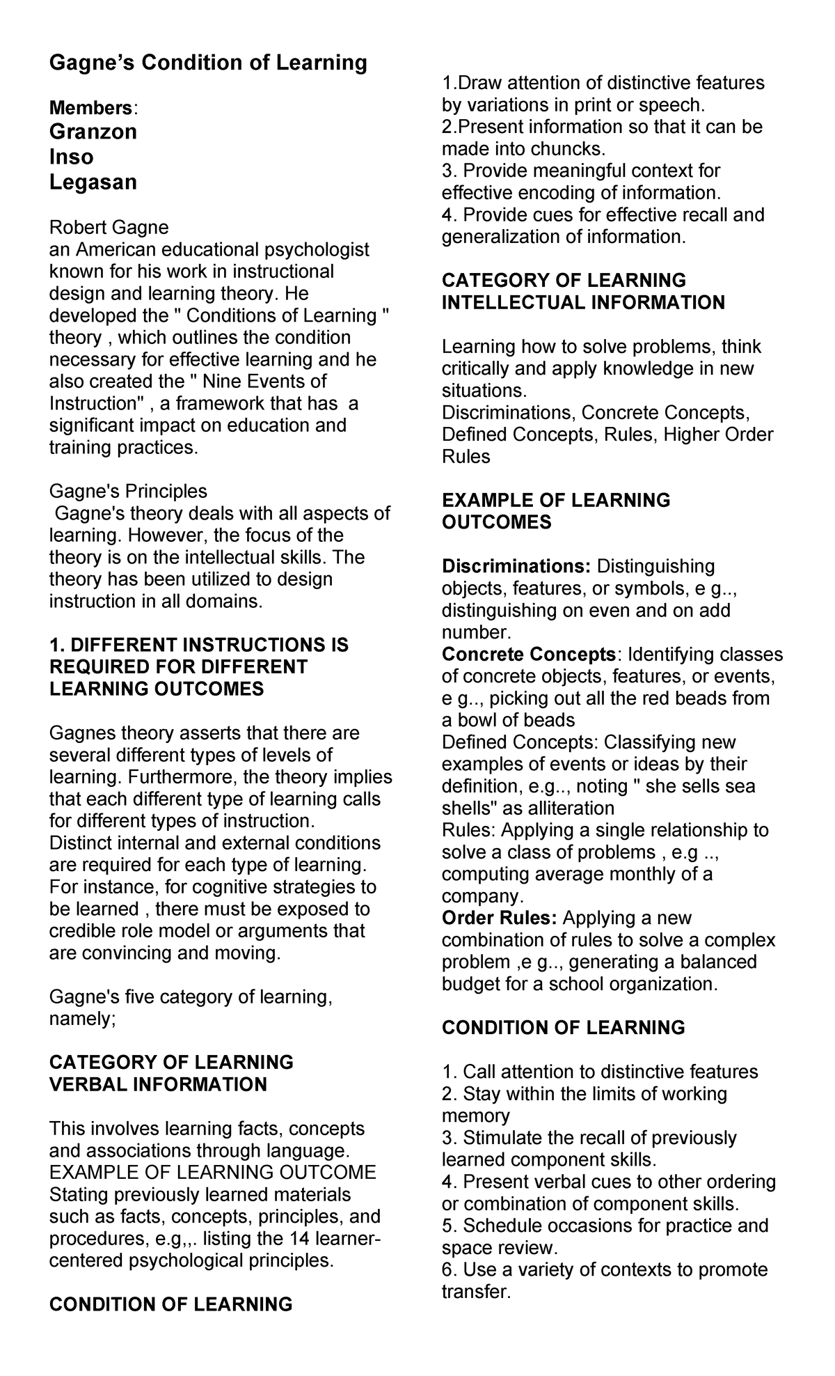 Handouts - Gagne’s Condition of Learning Members: Granzon Inso Legasan ...