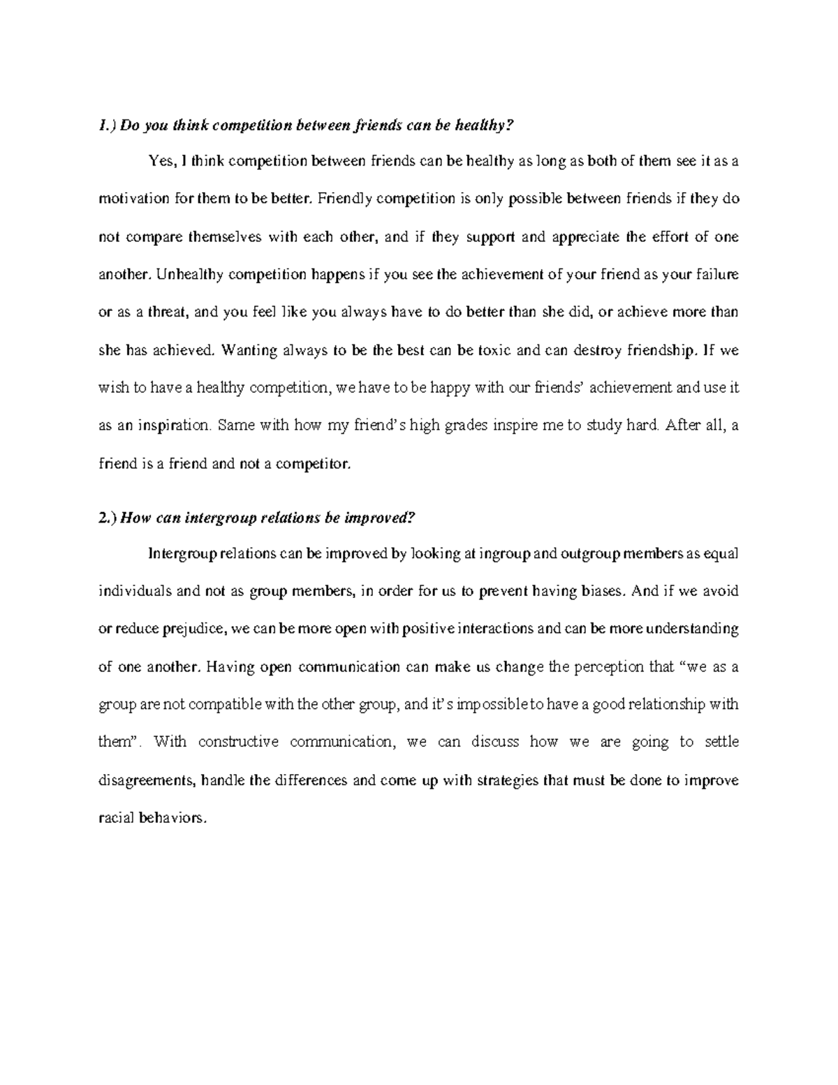 Assignment about Intergroup Relations - 1.) Do you think competition ...