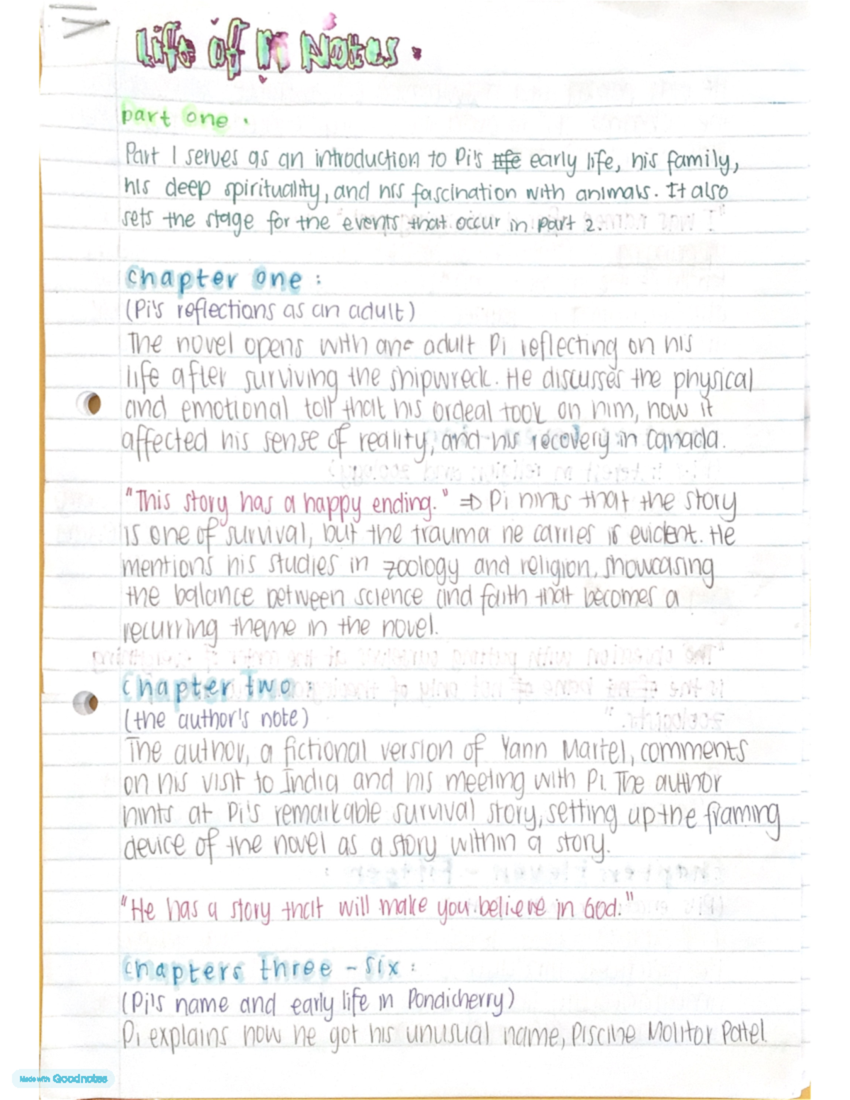 Life Of Pi Notes - daNKO - t bfn peO, part one Rut LselyeL a on ...