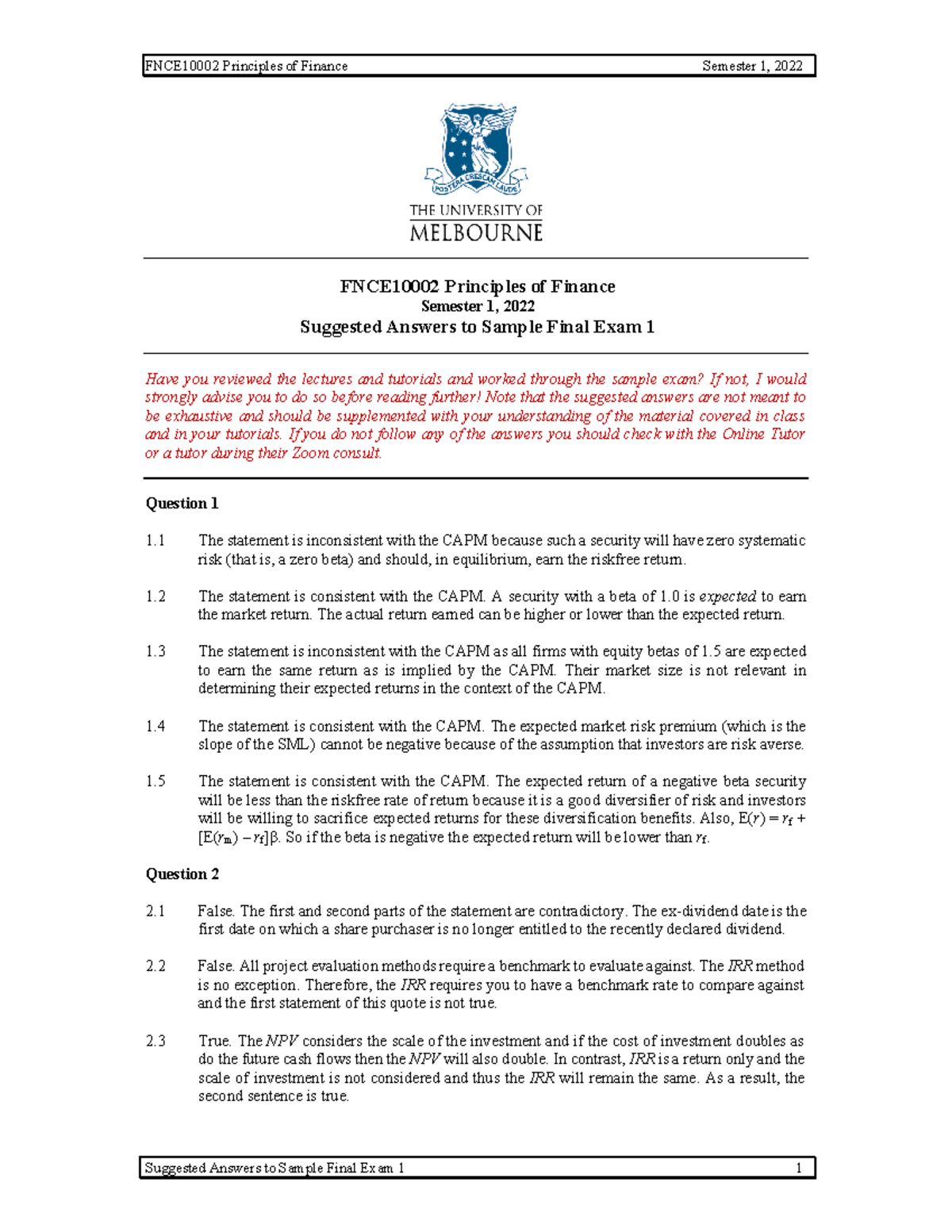 Sample Final 1 - Ans - Answer Sheet - FNCE10002 Principles of Finance ...