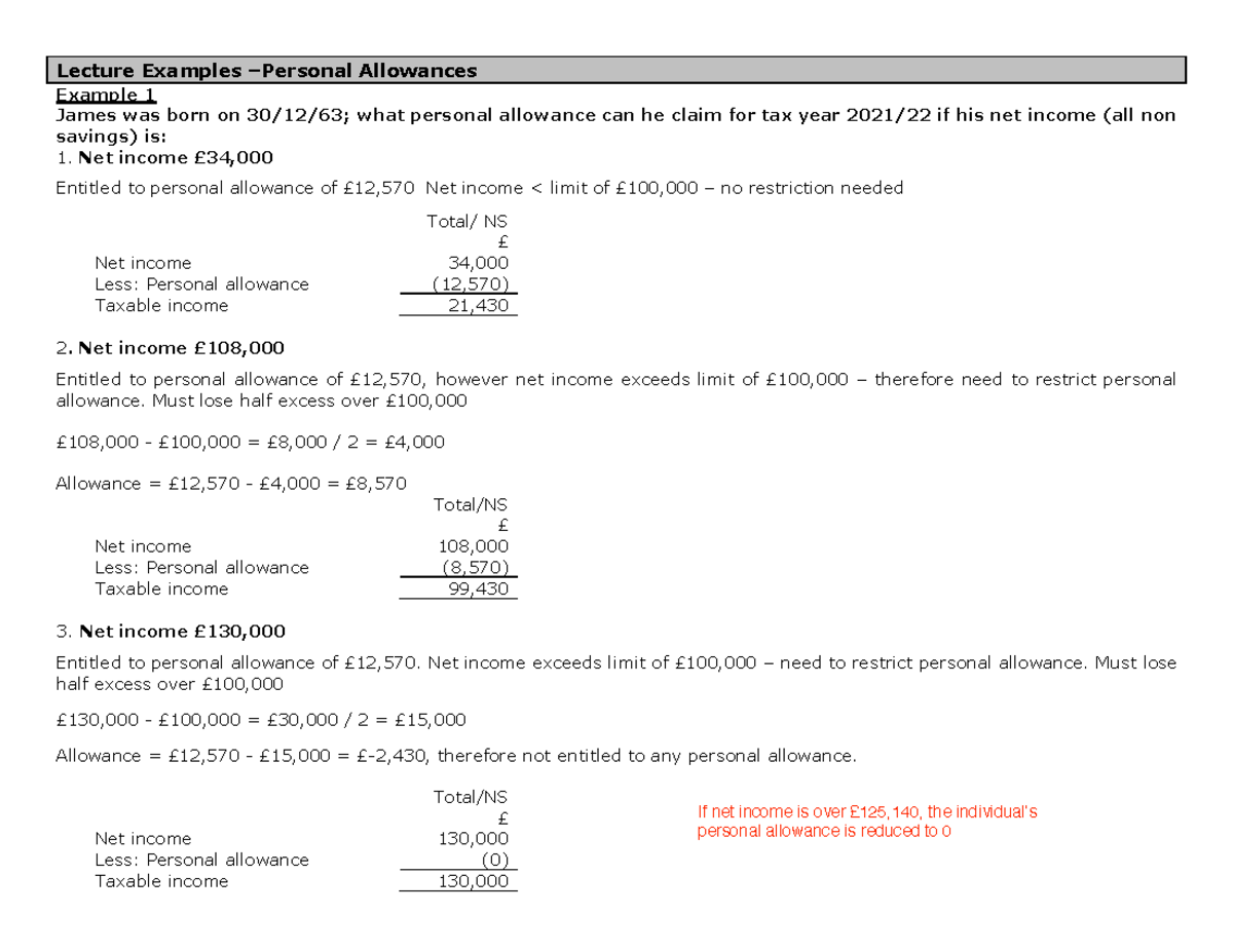 Unit one - Introduction to income tax - Personal Allowances examples ...