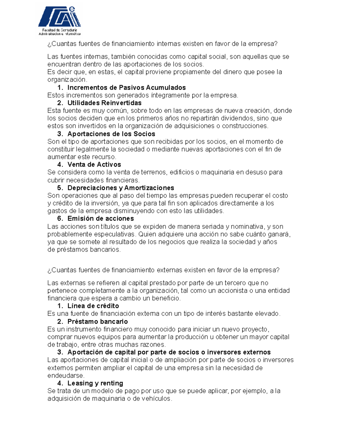 Fuentes DE Financiamiento - ¿Cuantas fuentes de financiamiento internas ...