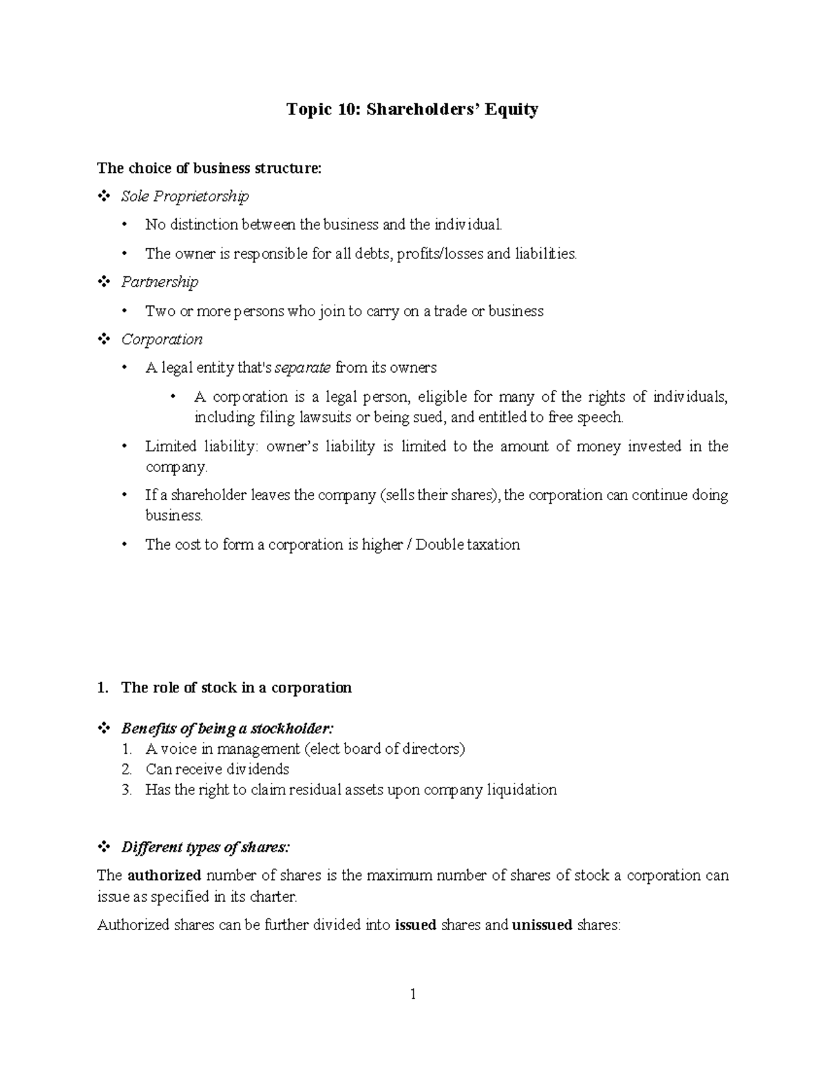 Topic 10 Stockholders' Equity - Topic 10: Shareholders’ Equity The ...