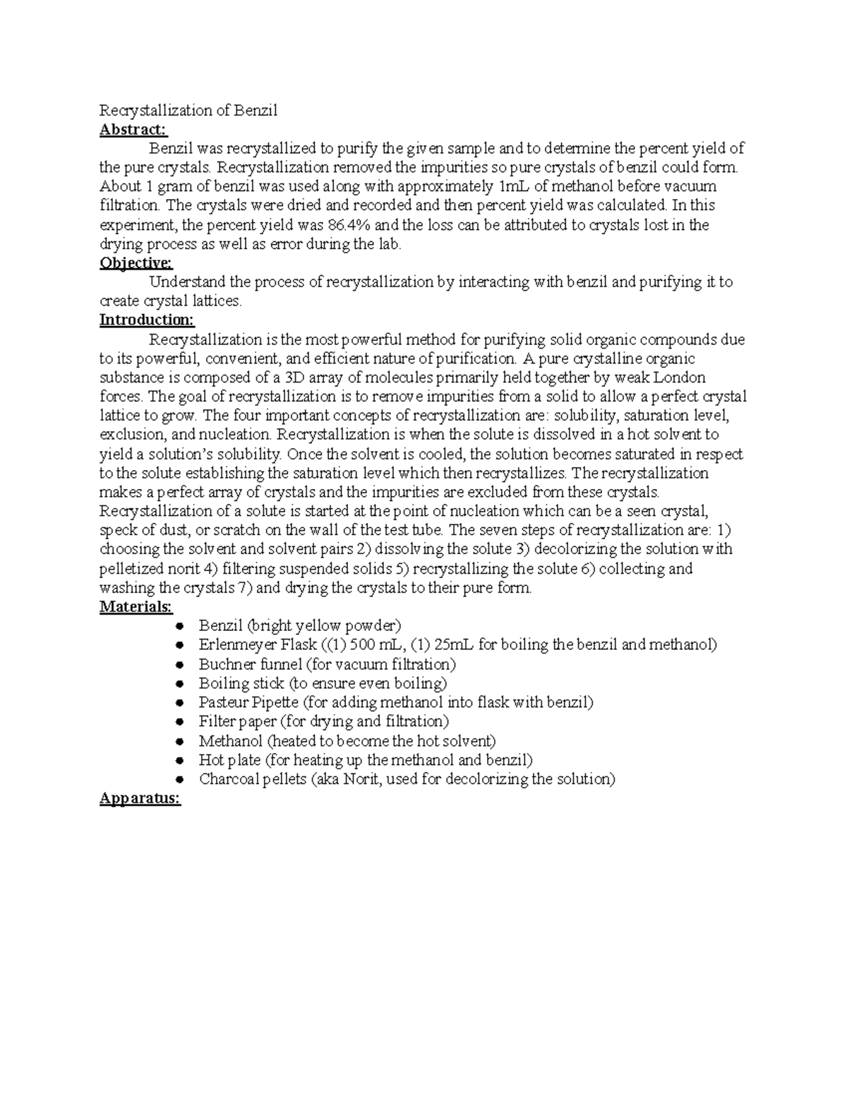 Orgo lab report 3 - recrystallization of benzil lab - Recrystallization ...