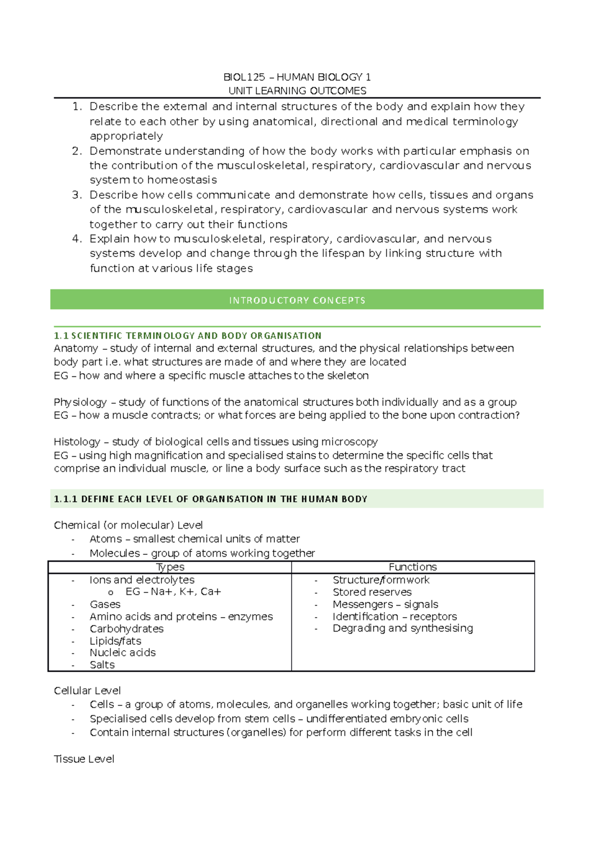 BIOL125 Human Biology Summary Notes - BIOL125 – HUMAN BIOLOGY 1 UNIT ...
