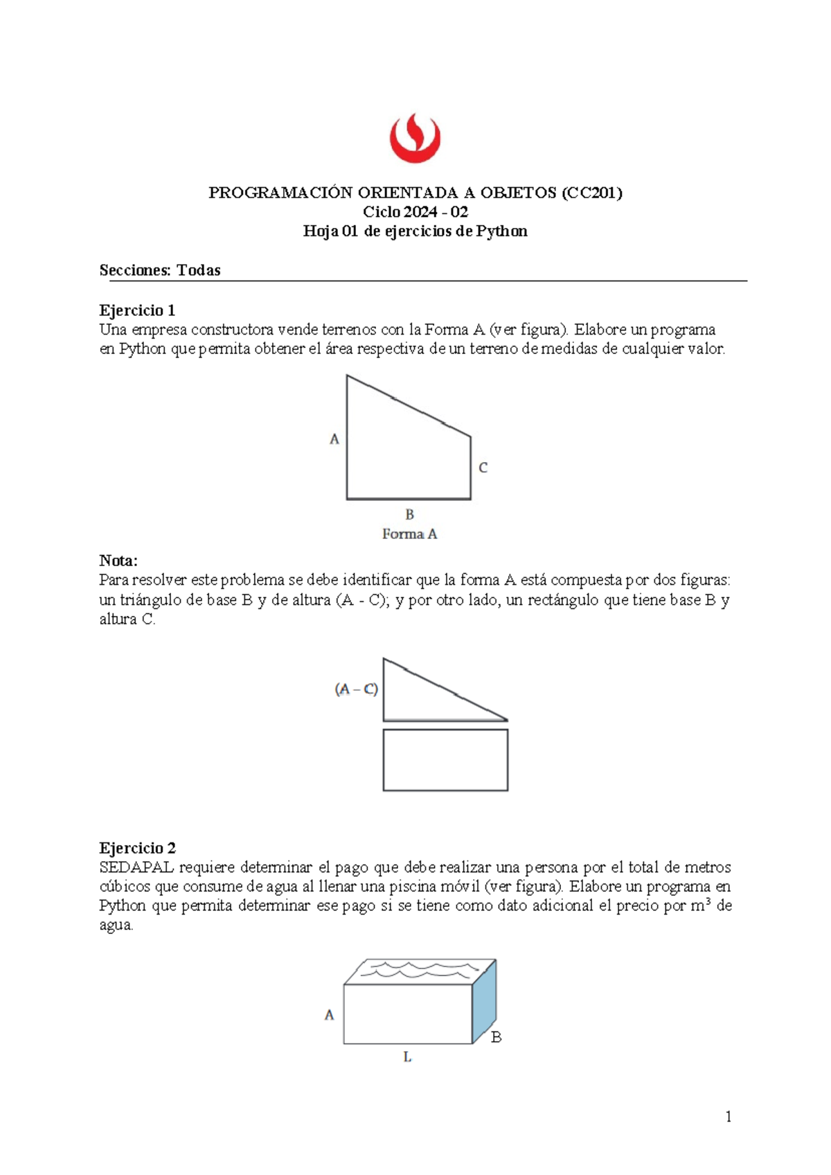 Hoja 01 de ejercicios de Python - B PROGRAMACIÓN ORIENTADA A OBJETOS (CC201) Ciclo 2024 - 02 ...